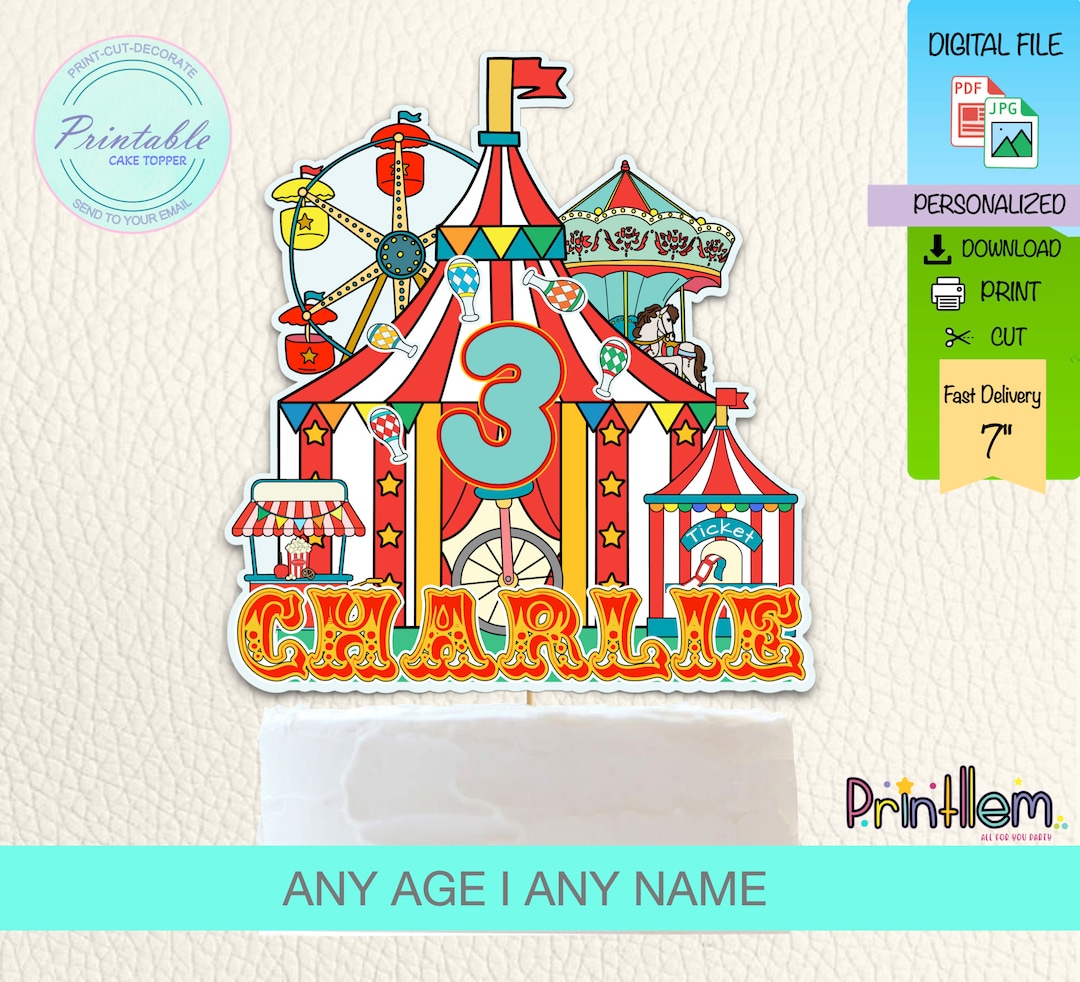 Personalized Circus Cake Topper, Carnival Birthday Party Decoration ...