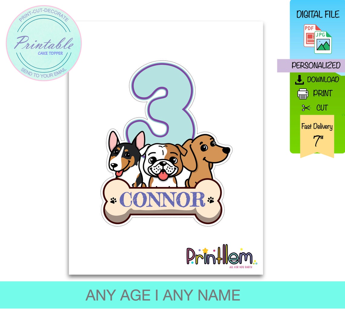 Personalized Puppy Birthday Cake Topper, Dog Party Decor | Digital File ...