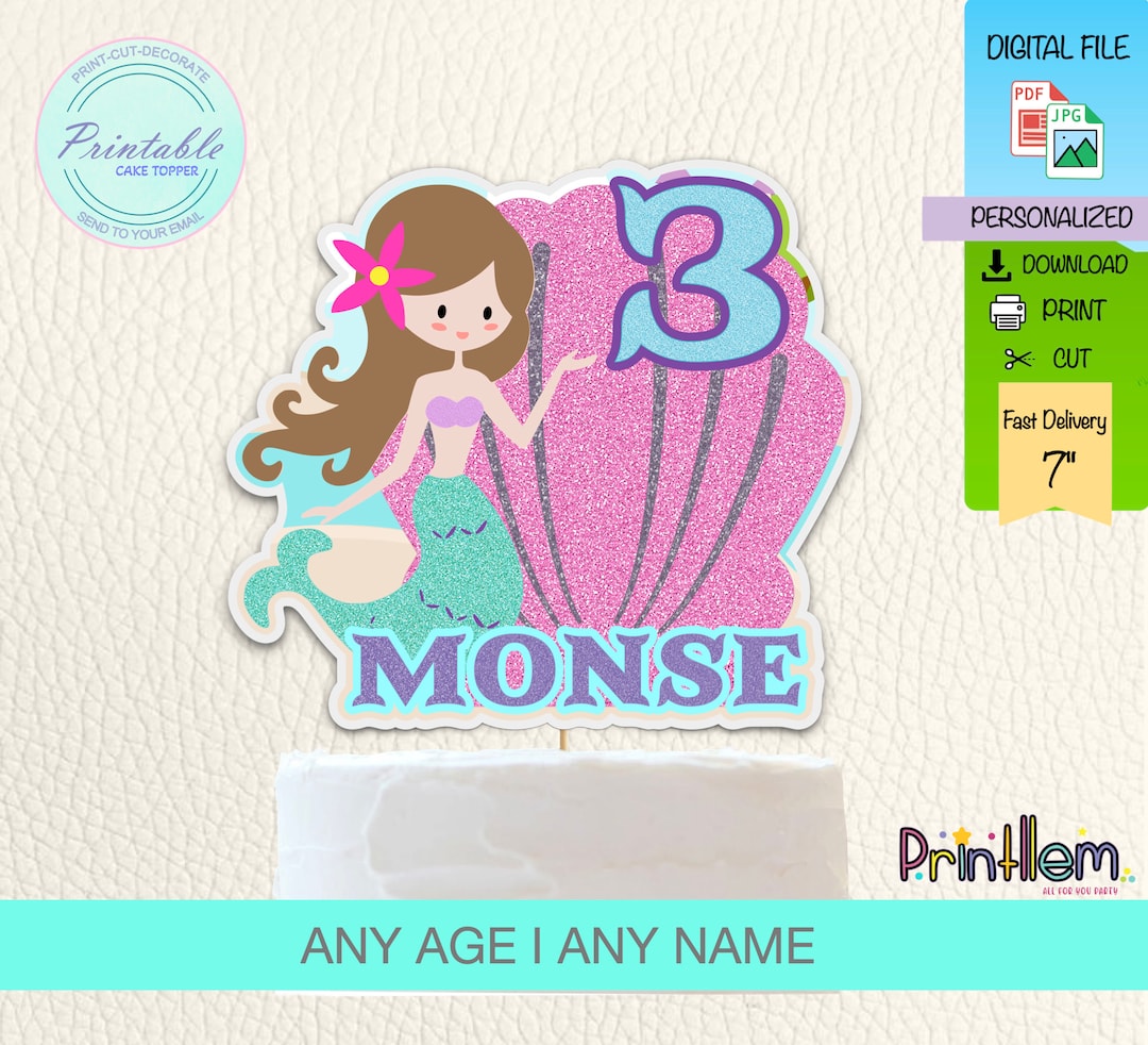 Mermaid Cake Topper, Personalized Mermaid Cake Topper, Printable Cake ...