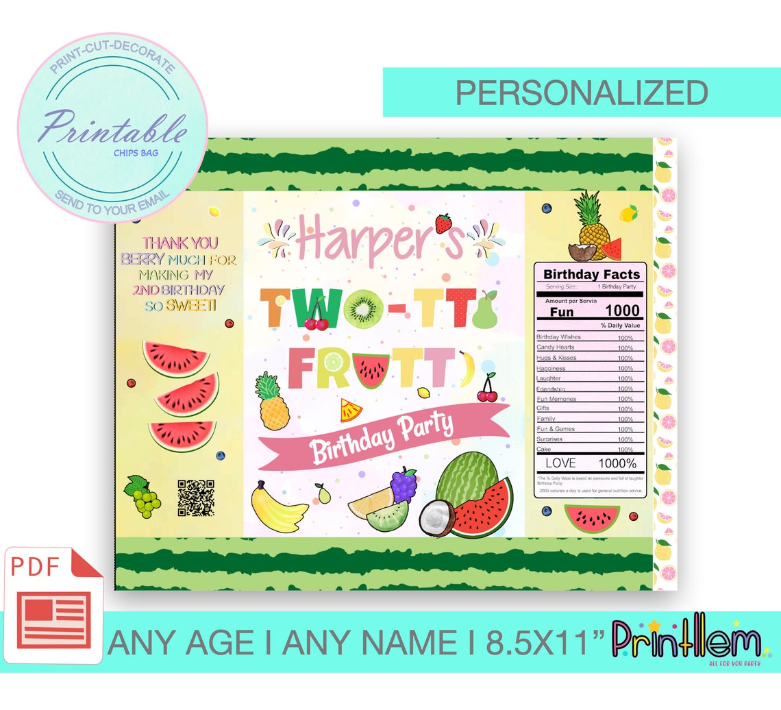 Two Tti Fruity Chip Bag Printable Birthday Party Kids Two Tti Fruity ...