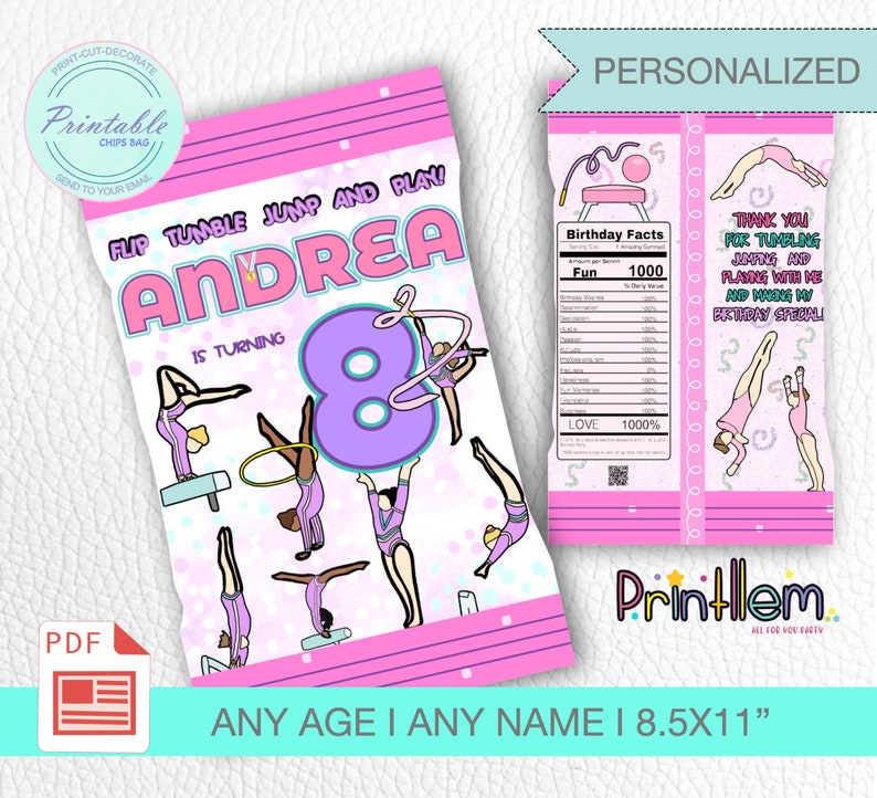 Gymnastics Birthday Chip Bag Printable, Personalized Party Favor ...