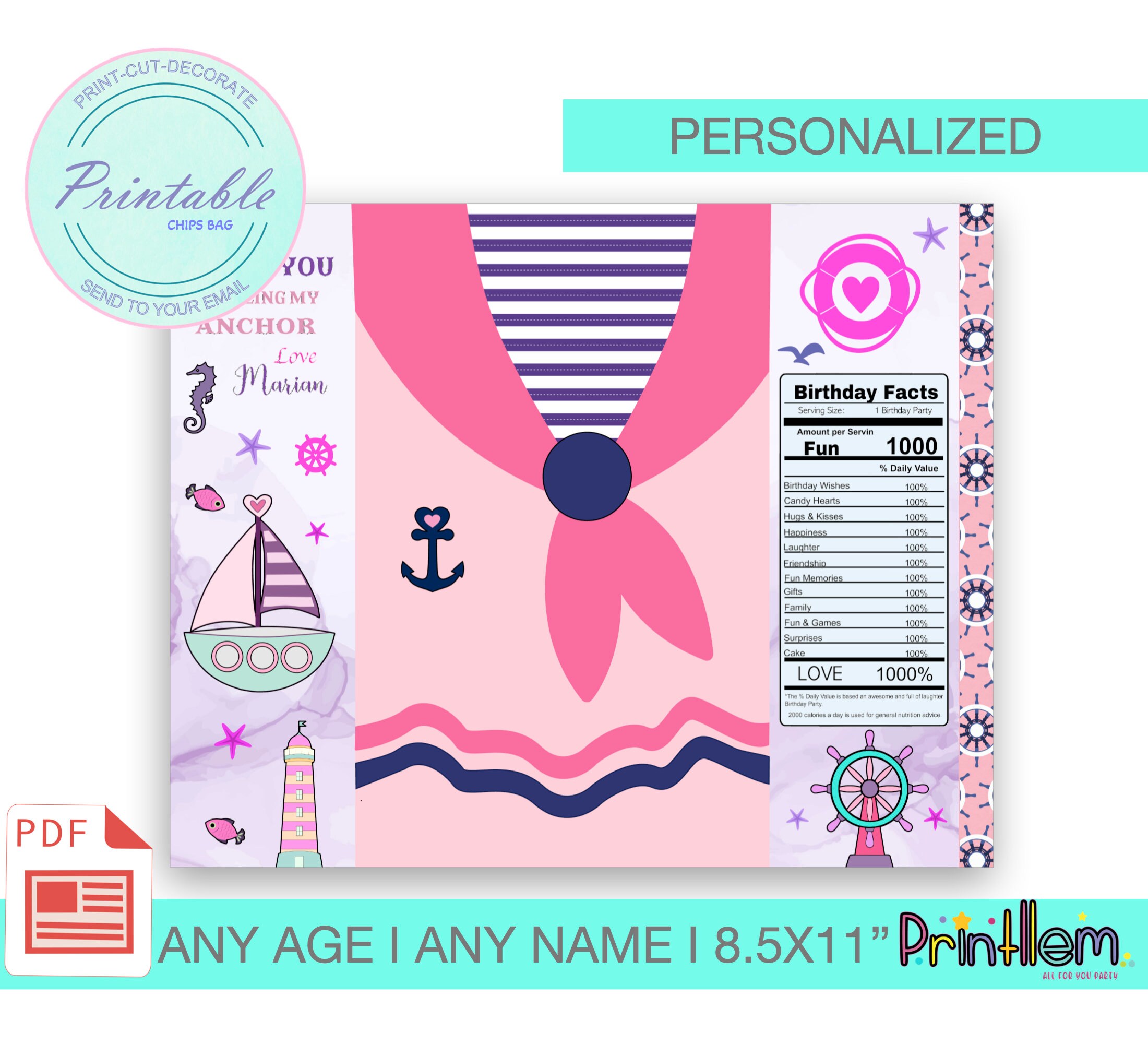 Nautical Girl Chips Bag Nautical Ocean Sea Girl Birthday Party Favors ...