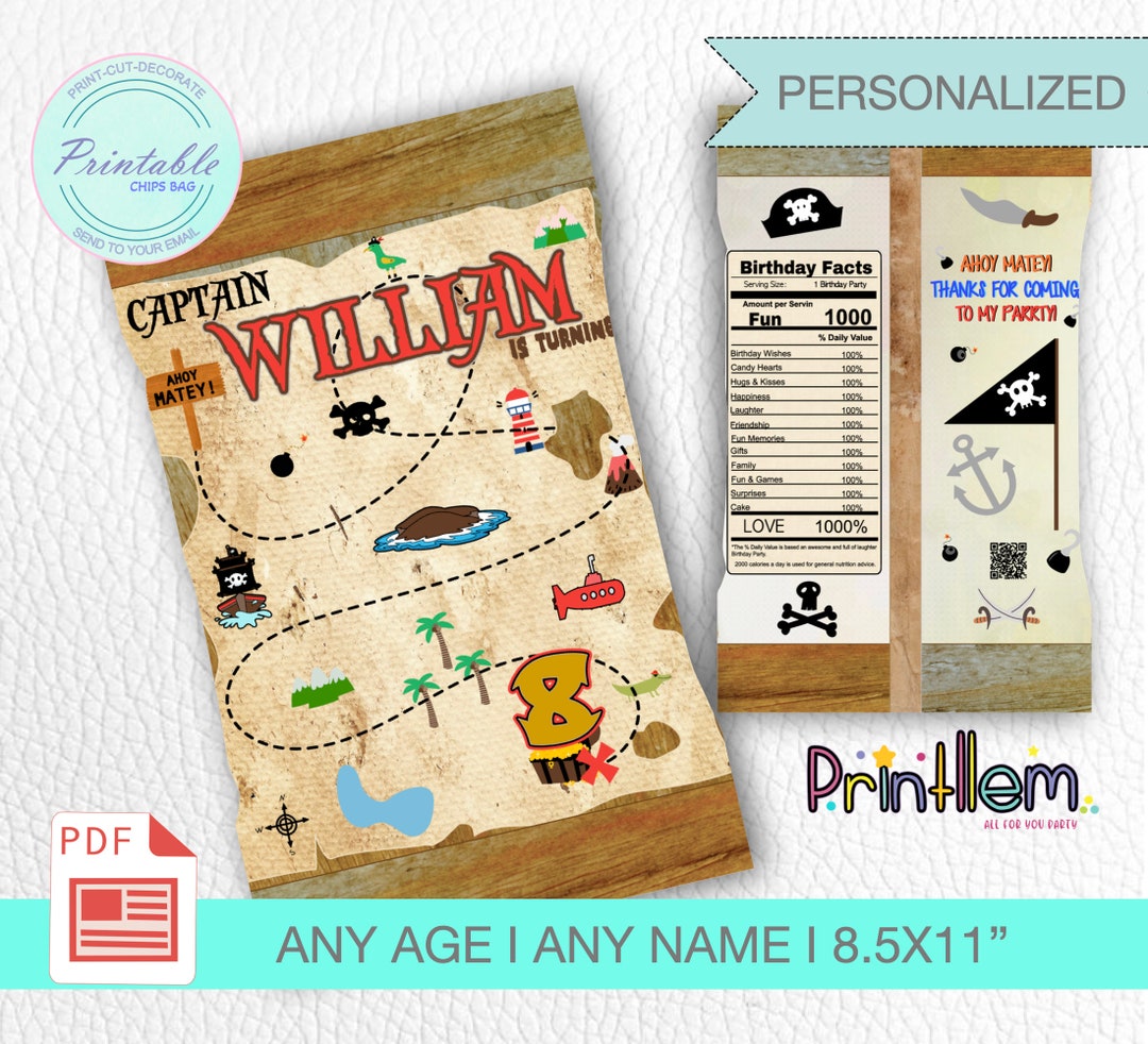 Pirate Chips Bag Printable Treasure Map Candy Wrappers Birthday Party ...