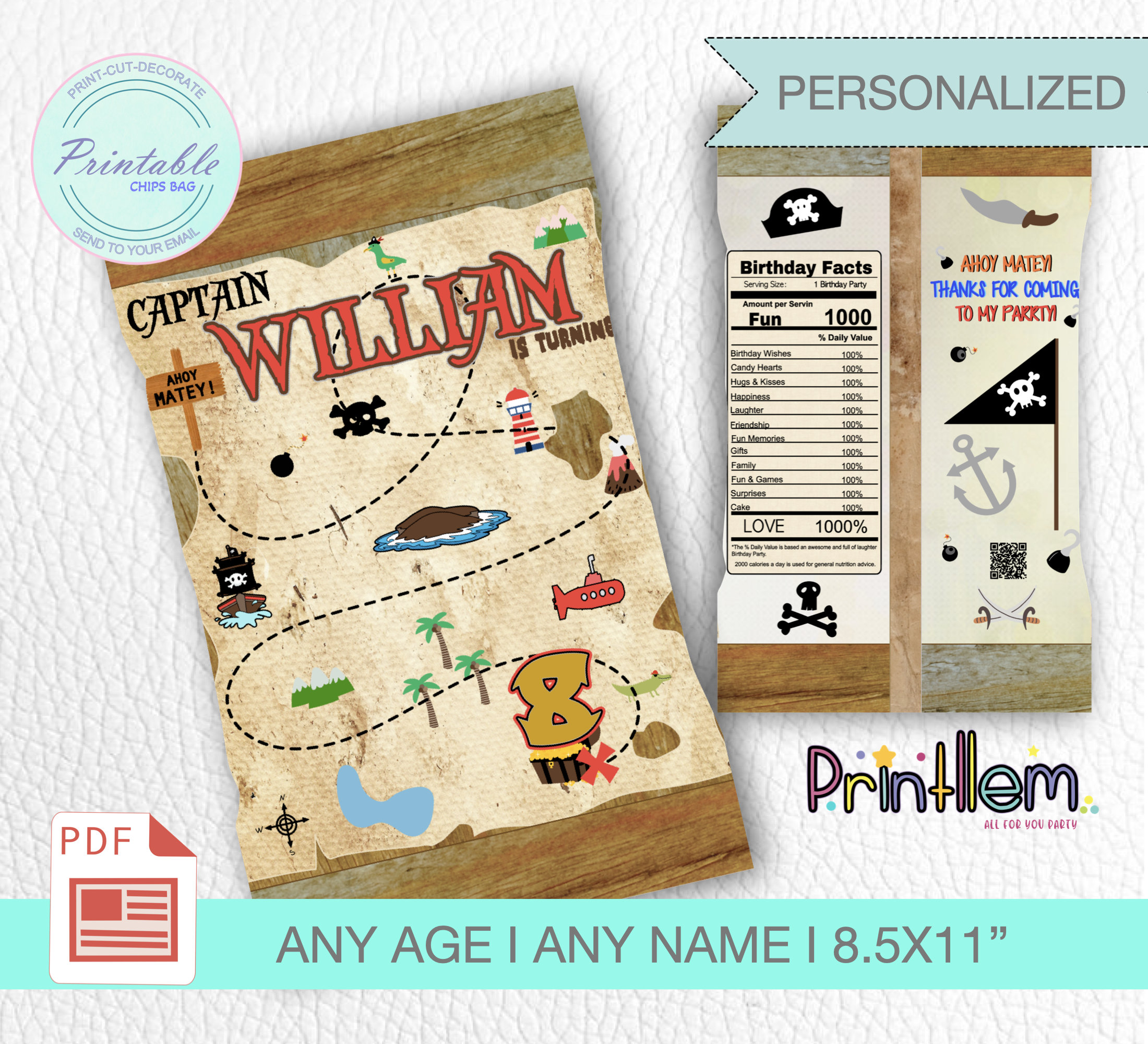 Pirate Chips Bag Printable Treasure Map Candy Wrappers - Etsy