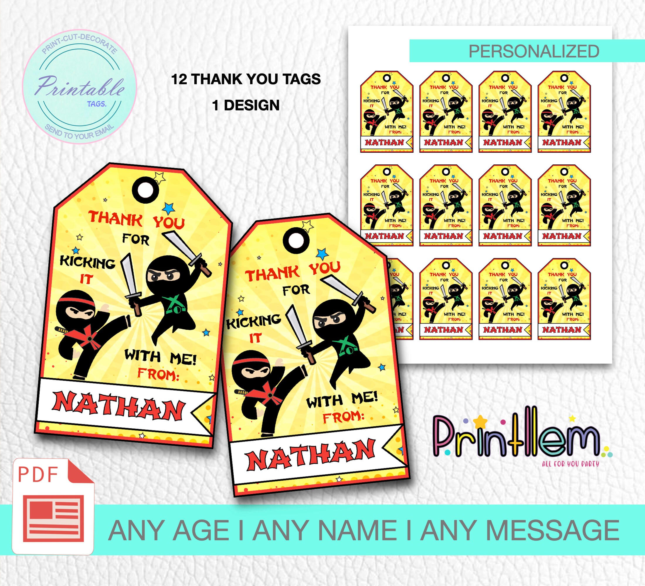 Personalized Ninja Birthday Thank You Tags, Printable Supplies ...