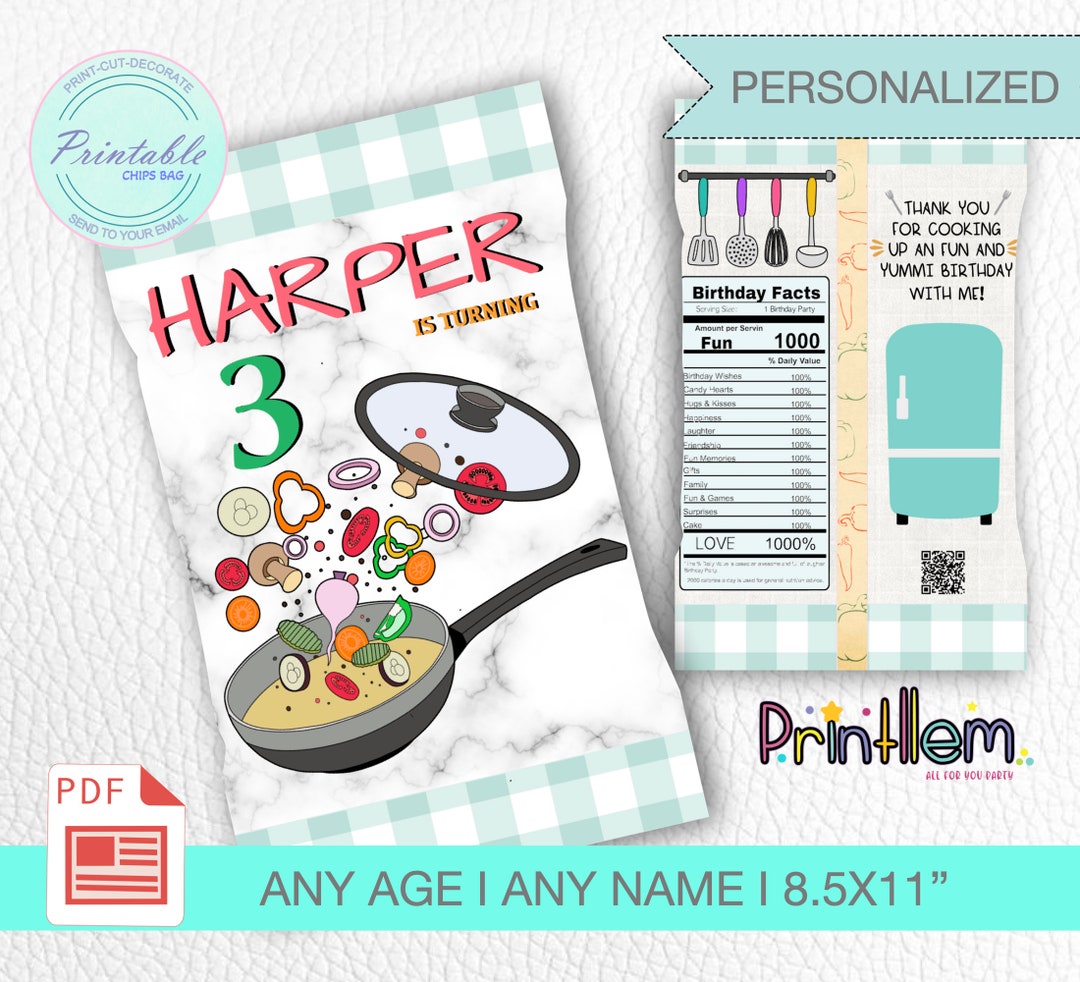 Cooking Party Birthday Chips Bag Printable Chef Party Favor Bag ...
