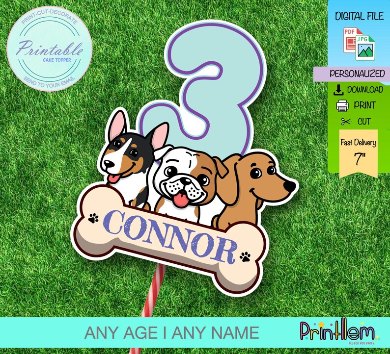 Personalized Puppy Birthday Cake Topper, Dog Party Decor | Digital File ...