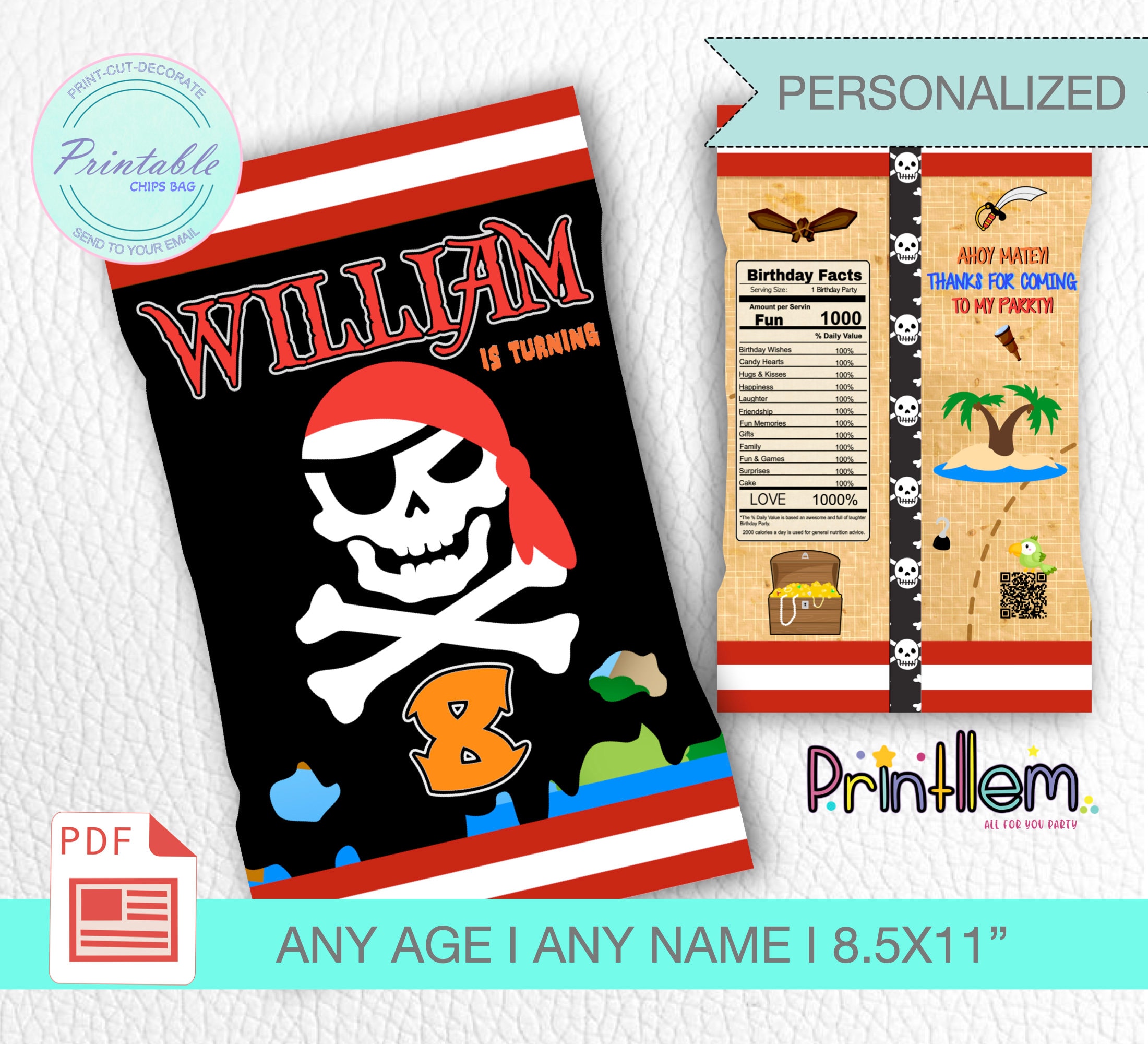 Pirate Chip Bag Printable Pirate Flag Candy Bag Personalized Pirate ...