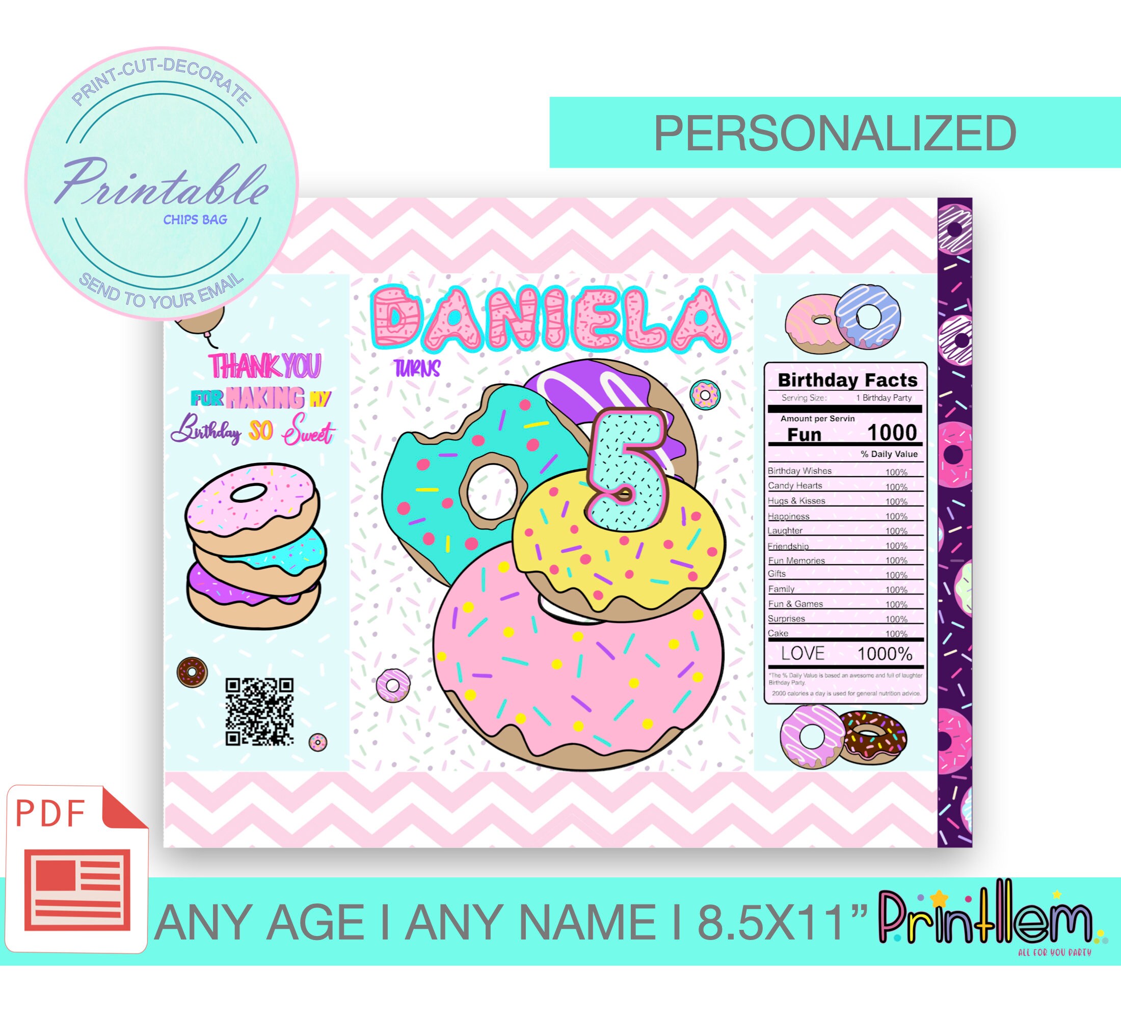 Donut Sweet Birthday Chip Bag Wrapper Personalized Party Favors Treat ...