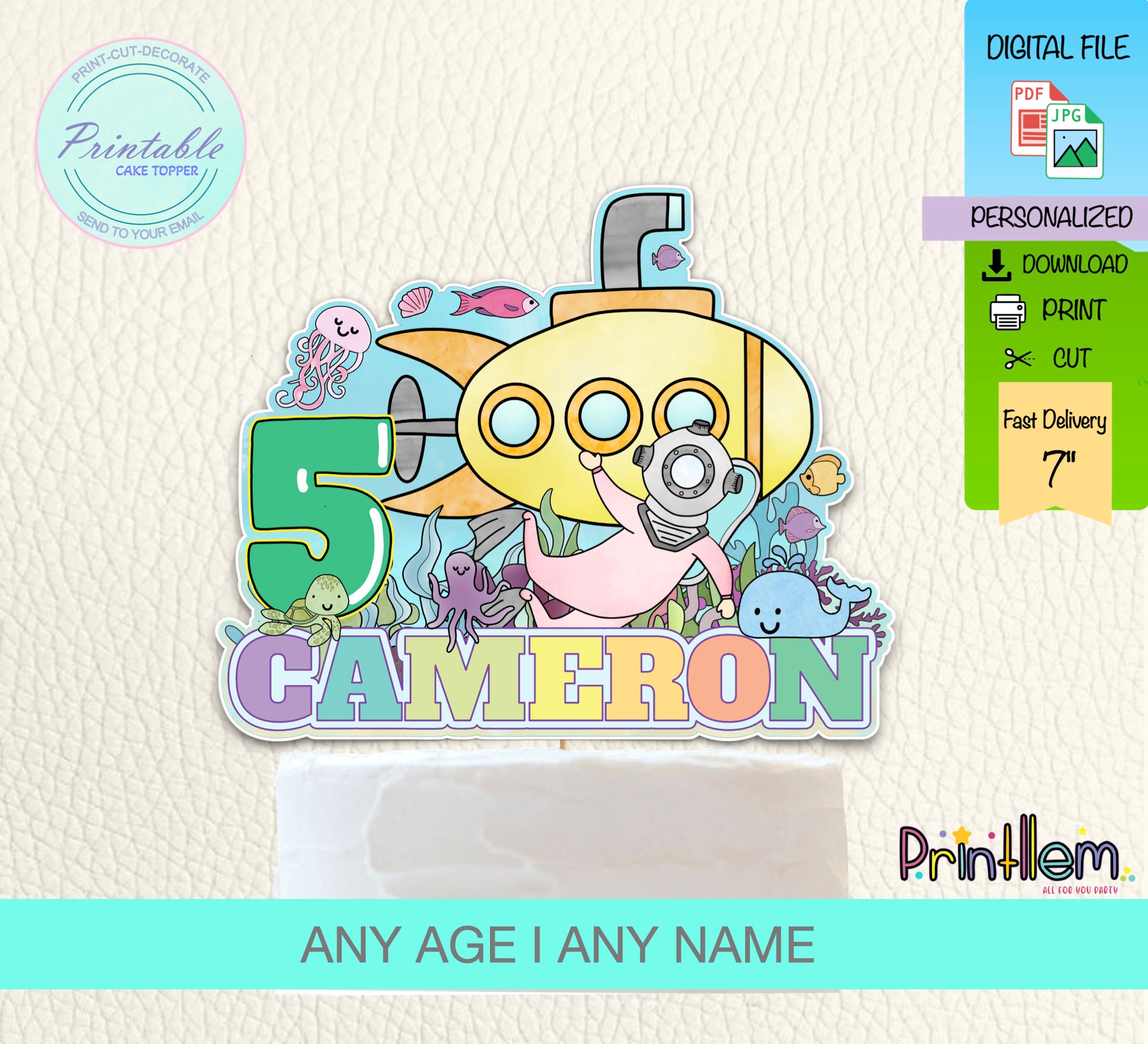 Submarine Cake Topper, Printable Under the Sea Cake Topper ...