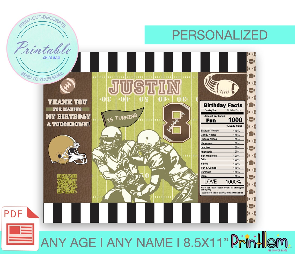 Football Chip Bag Birthday Printable Football Birthday Party Candy Bags ...