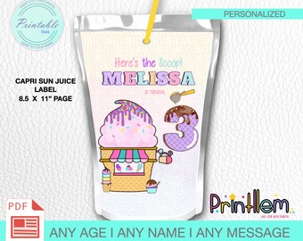 Editable Ice Cream Juice Pouch Labels Here's the Scoop Ice Cream Party ...