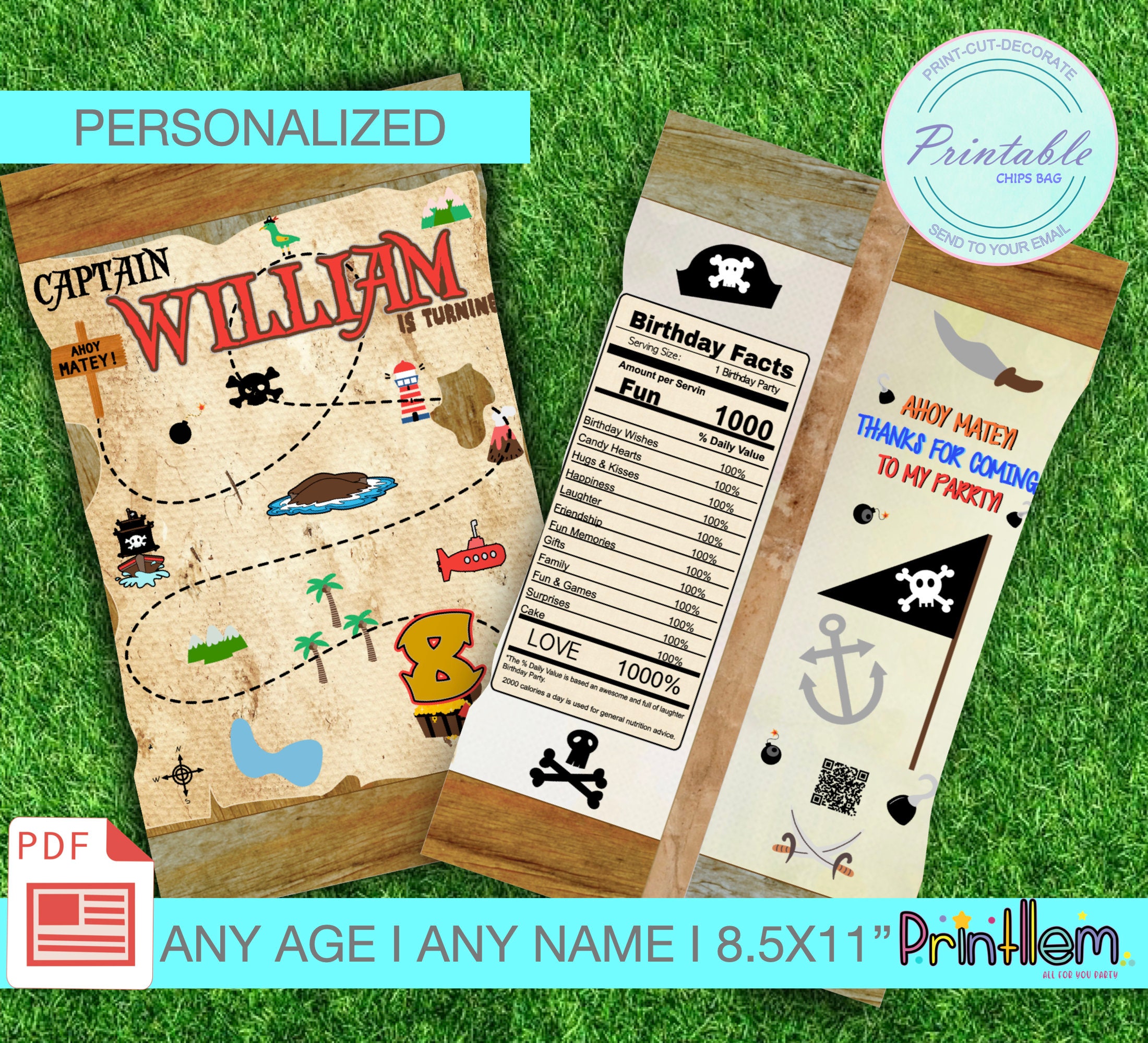 Pirate Chips Bag Printable Treasure Map Candy Wrappers Birthday Party ...