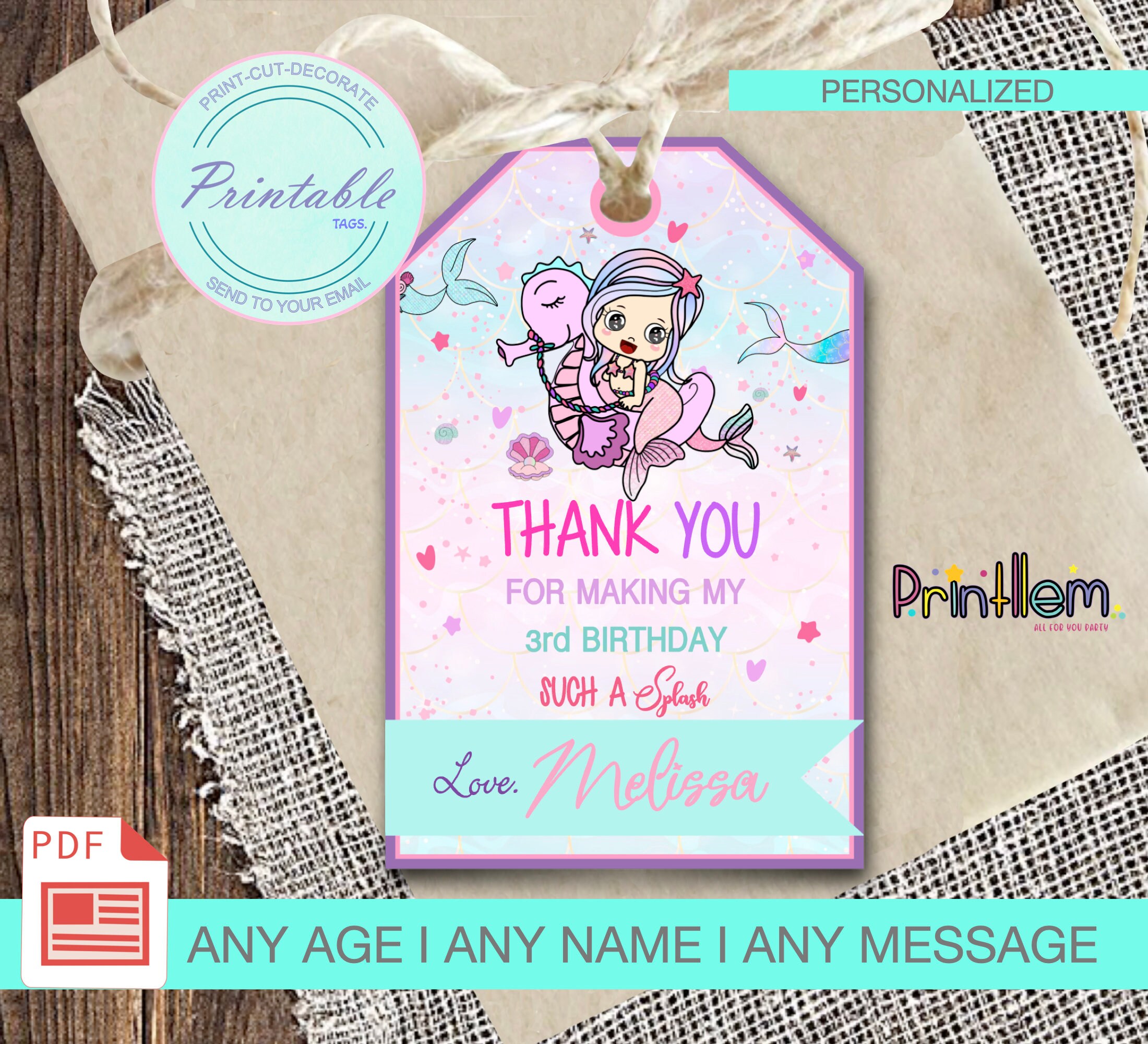 Mermaid Thank You Tag, Printable Mermaid Party Favor Tags, Mermaid ...