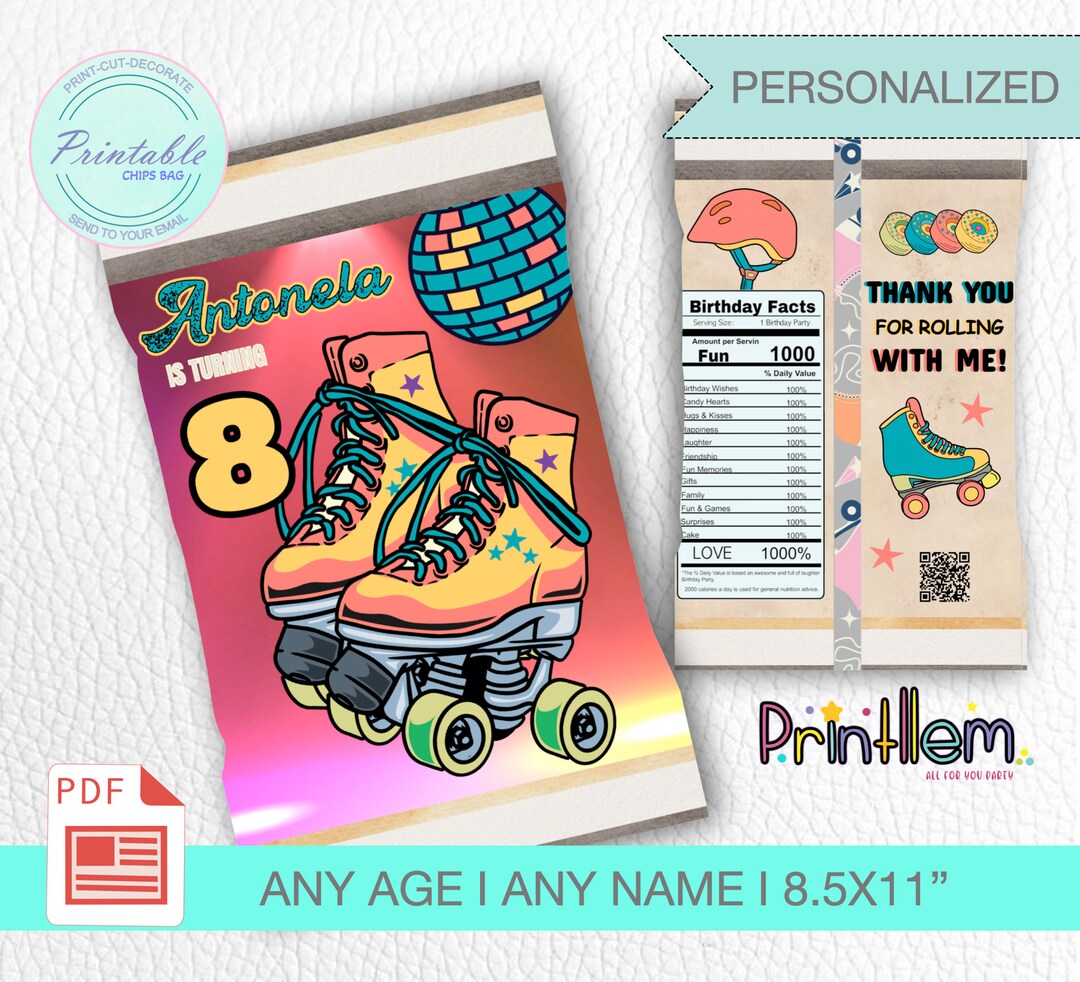 Let's Roll Retro Groovy Roller Skate Birthday Party Chips Bag Printable ...