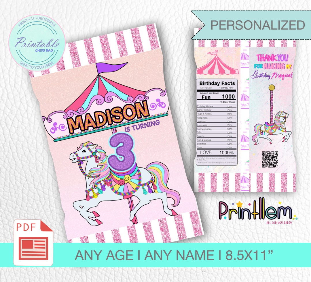 Carousel Chips Bag Printable Carousel Rainbow Snack Bag Personalized ...