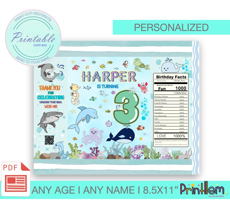 Under the Sea Printable Chip Bag, Printable Sea Animales Chips Bag ...