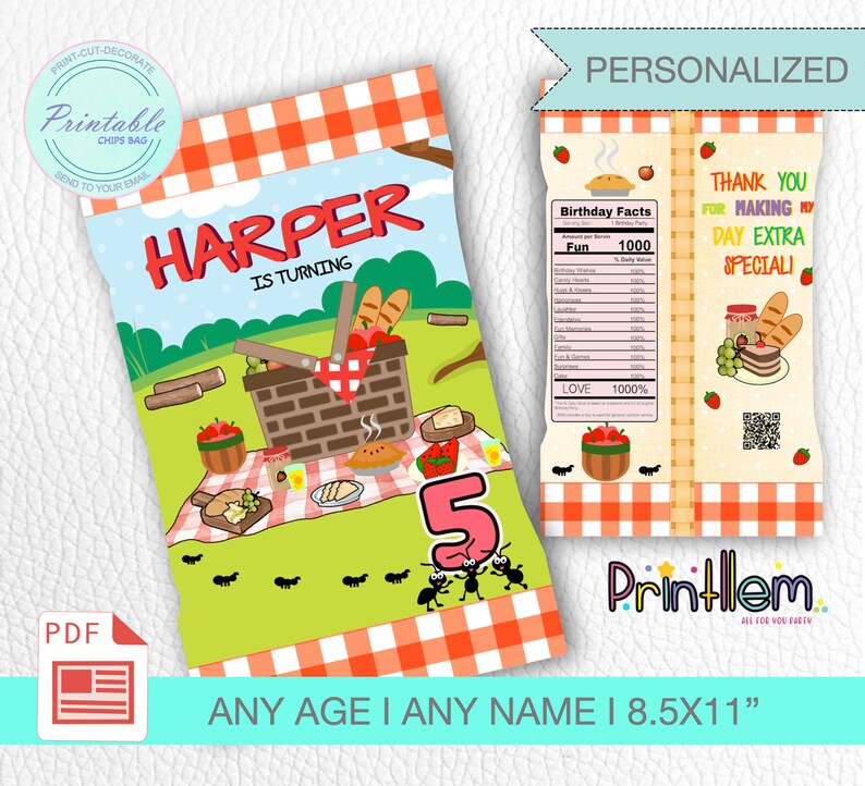 Picnic Chips Bag Printable Pic Nic Birthday Party Favor Bag ...