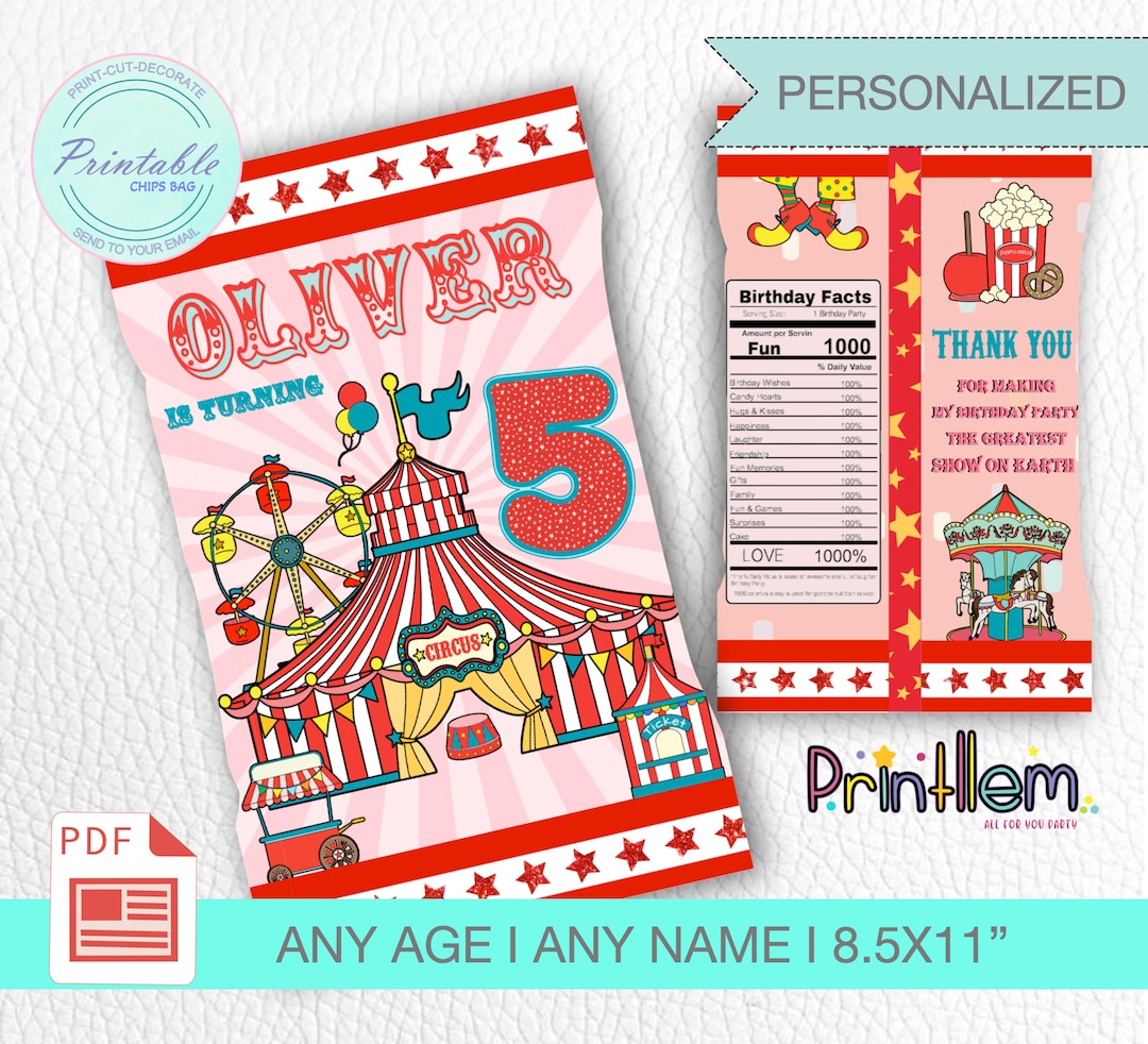Circus Chips Bag Printable Circus Birthday Party Candy Bag Circus Chips ...