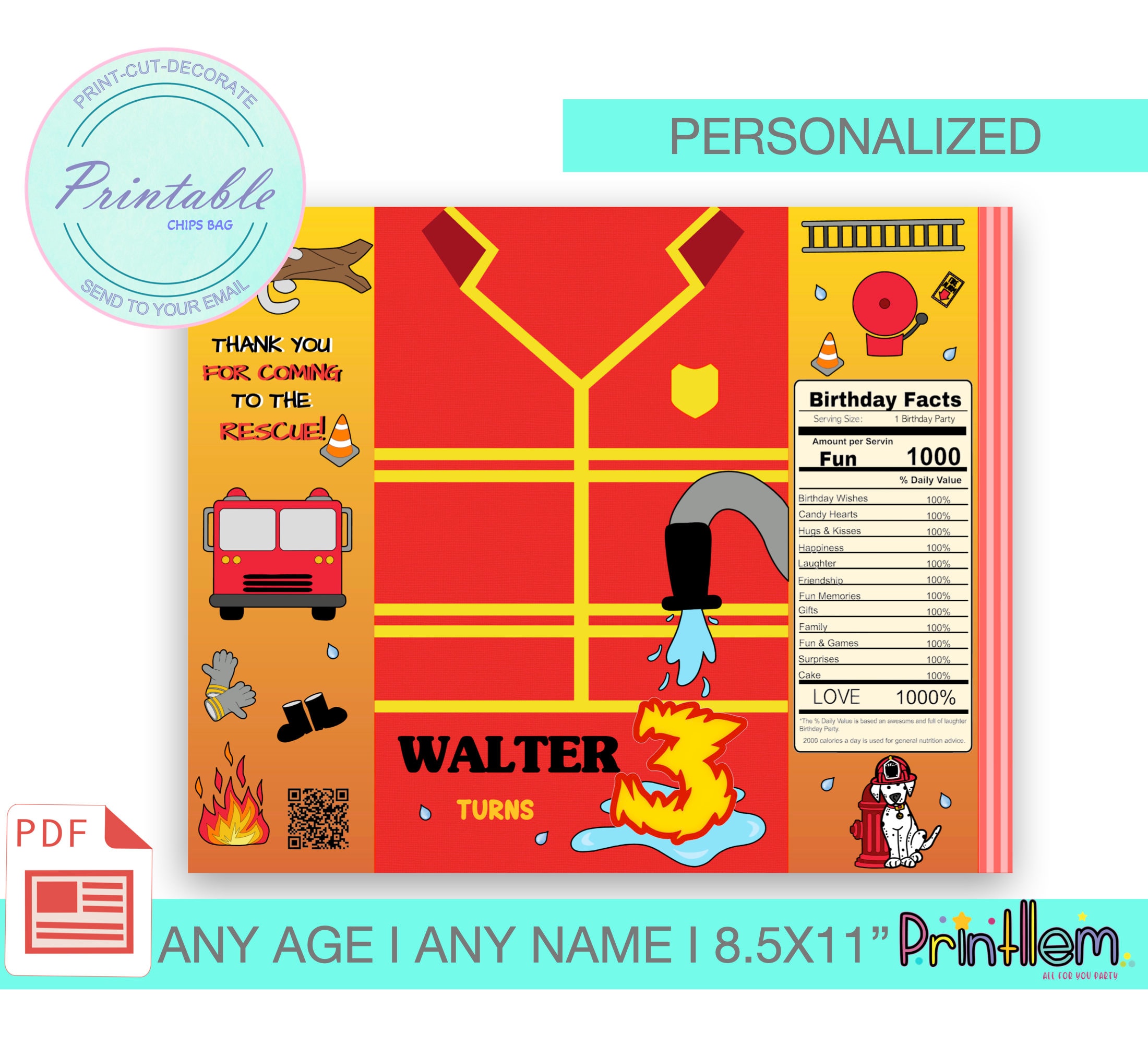 Fireman Birthday Chip Bag Printable Firefighter Birthday Chip Bag ...