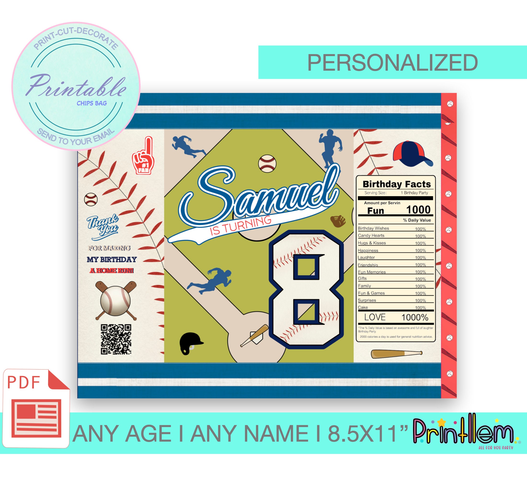 Baseball Chips Bag Printable Baseball Candy Bag Personalized Baseball ...