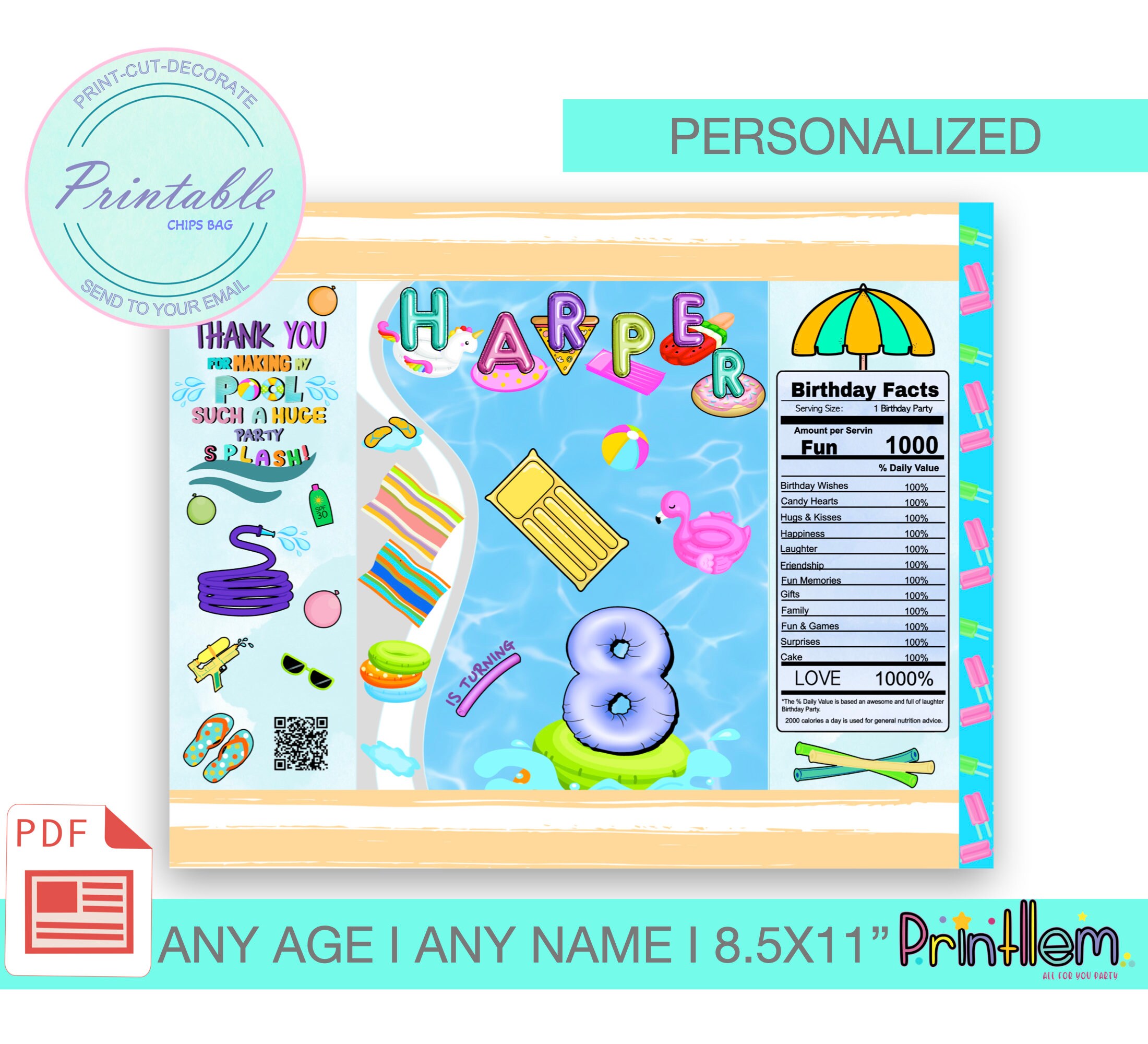 Pool Party Chips Bag Printable Birthday Party Favors Summer ...