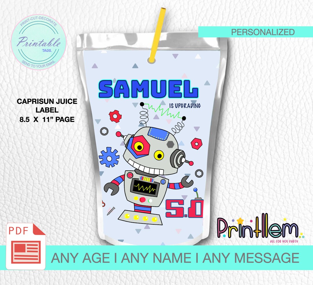 Personalized Robot Sun Capri Labels, Juice Bag Birthday First Robot ...