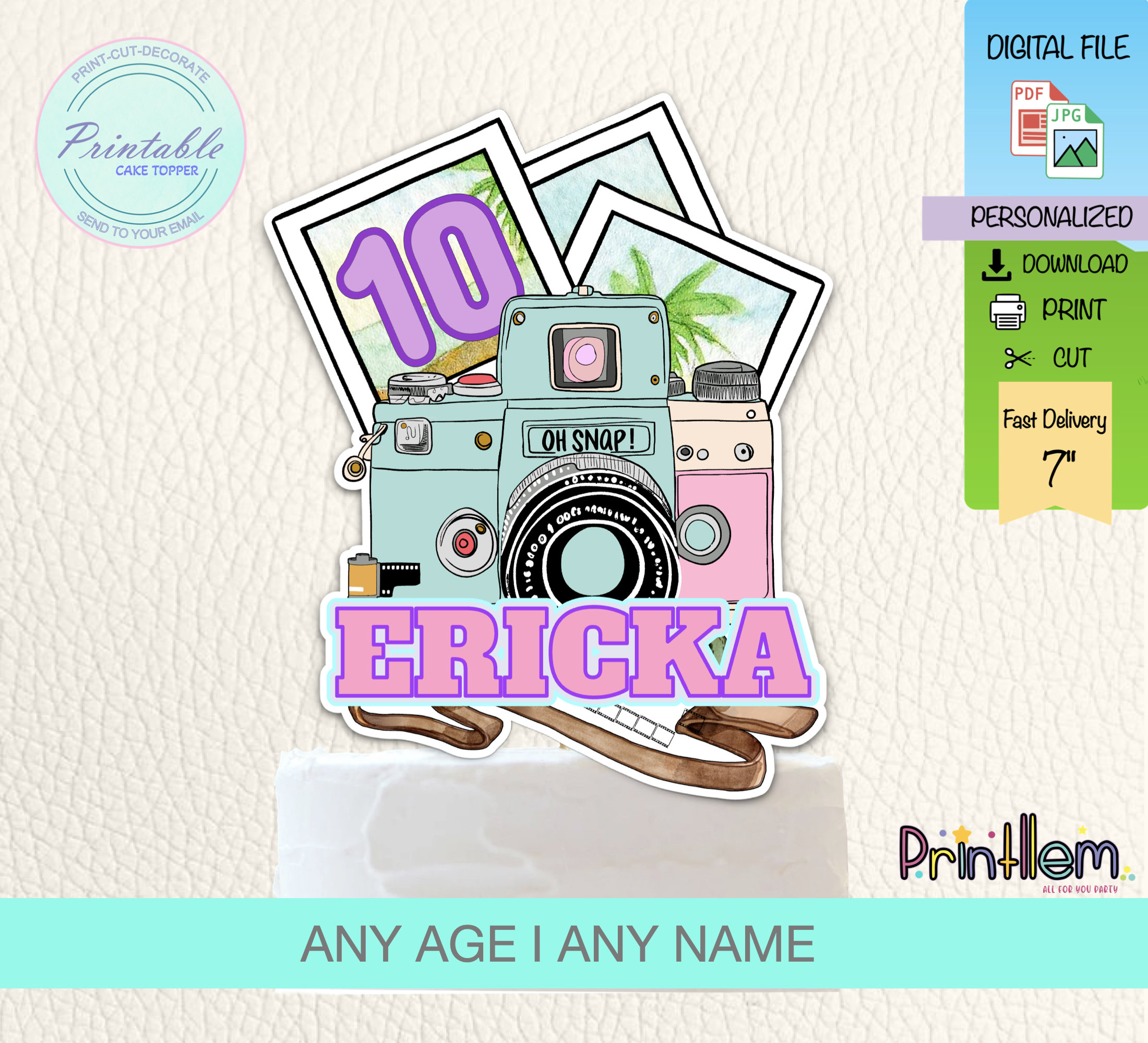Camera Cake Topper Printable Photography Cake Decorations Personalized ...