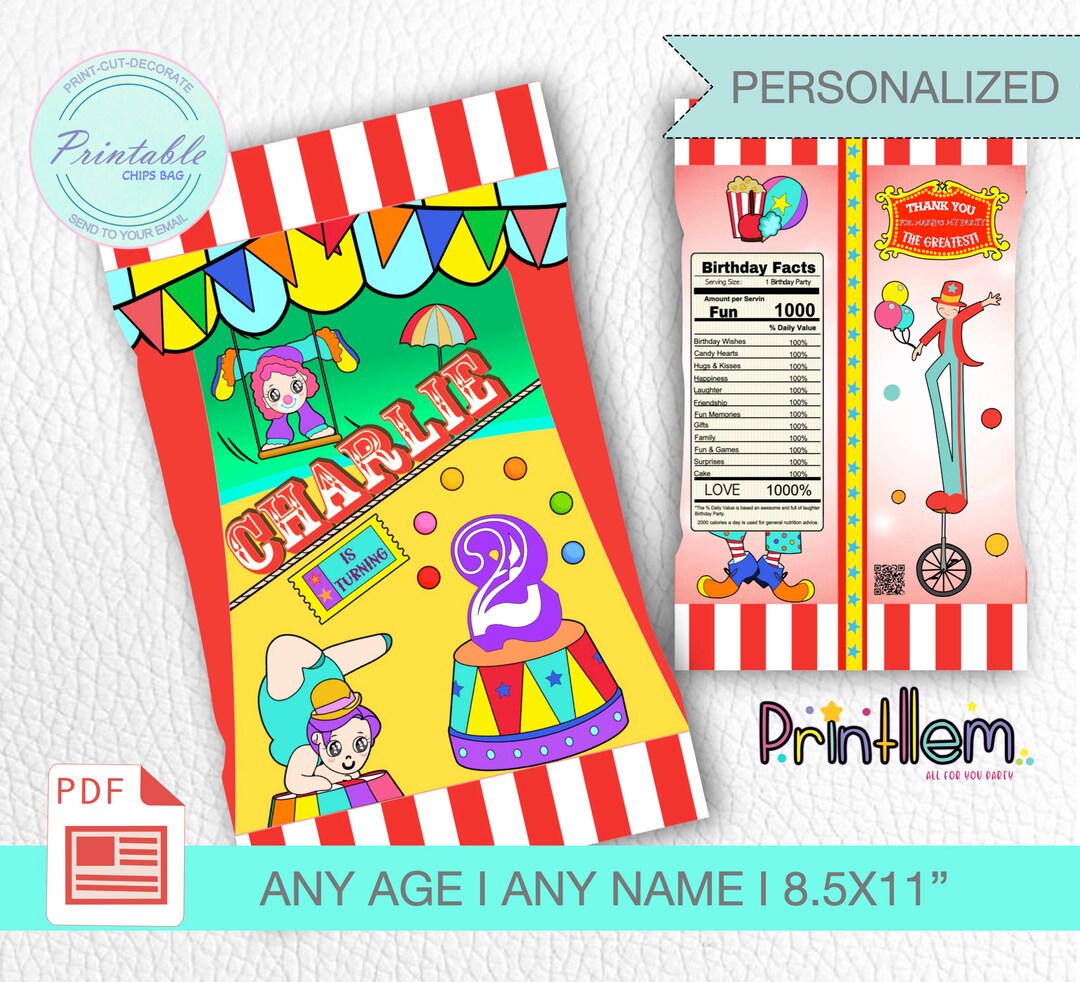 Circus Chips Bag Printable Circus Tent Snack Bag Personalized Carnival ...