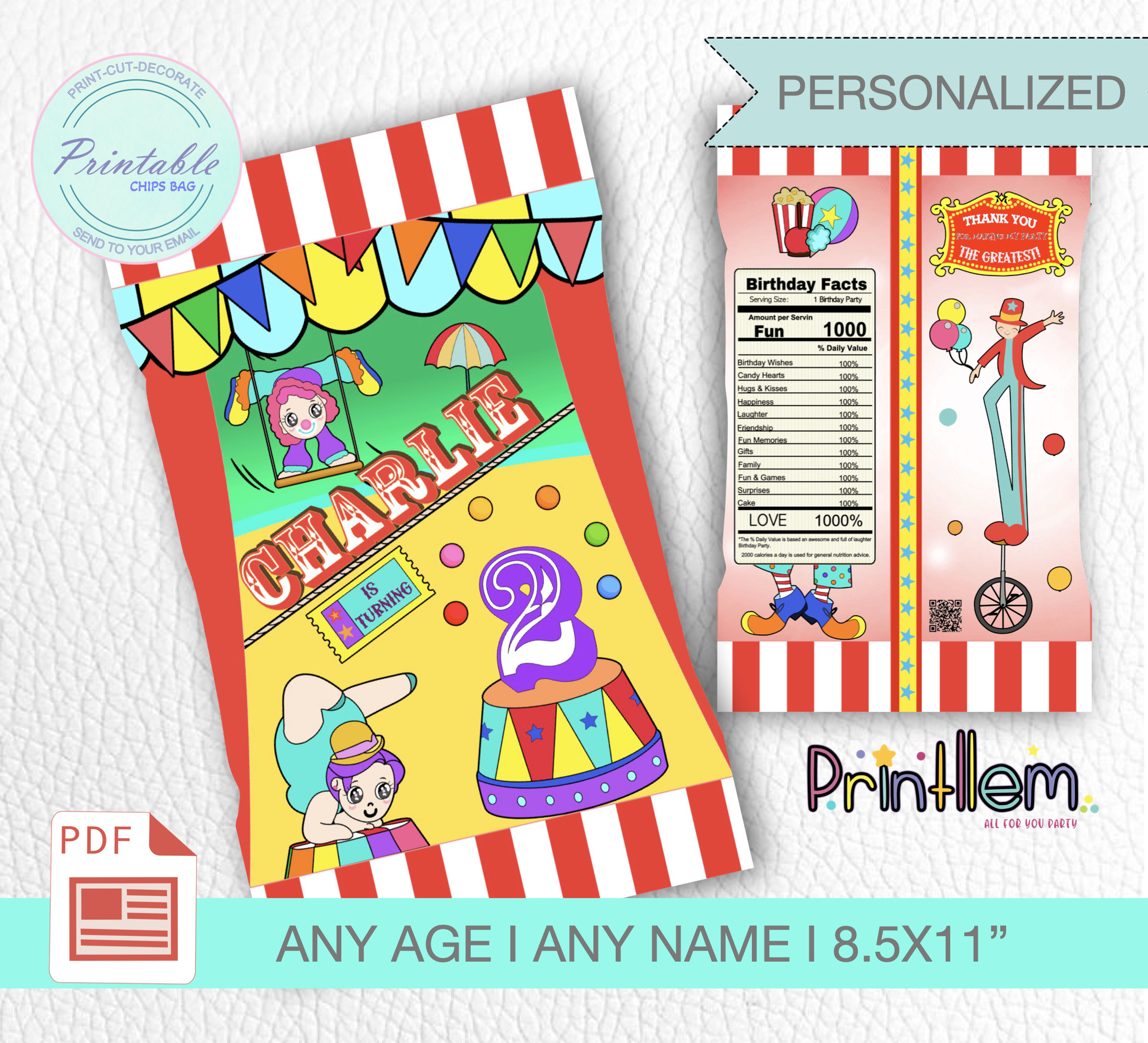 Circus Chips Bag Printable Circus Tent Snack Bag Personalized Carnival ...