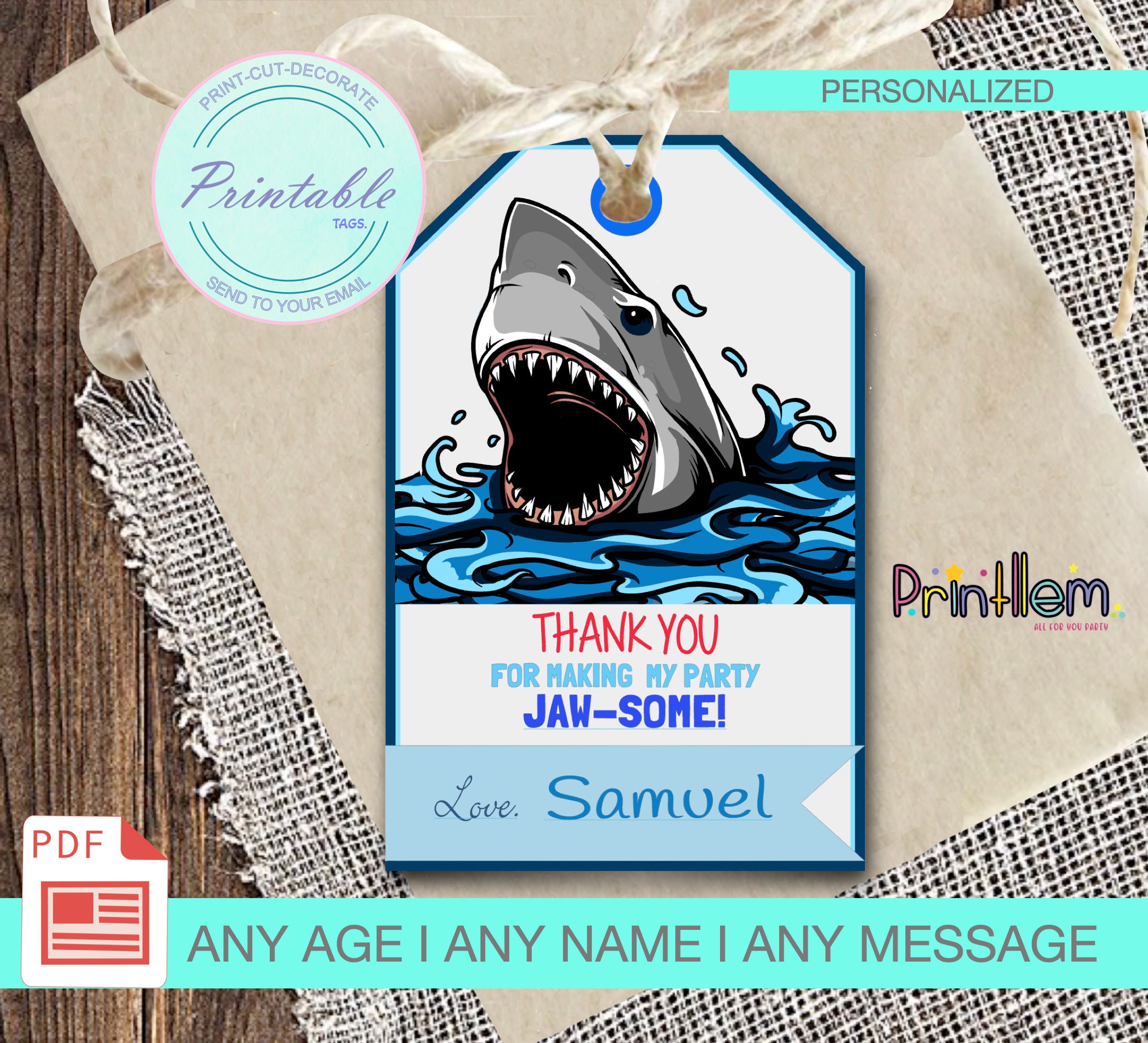 Shark Thank You Tag, Printable Shark Thank You Tag Card,shark Birthday ...