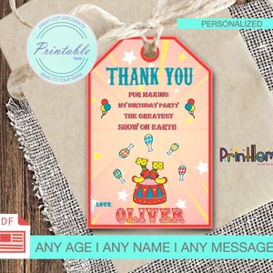 Circus Birthday Thank You Tags, Personalized Carnival Printable Party ...