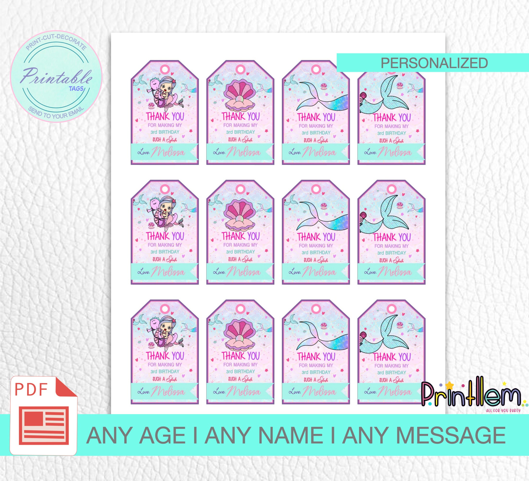 Mermaid Thank You Tag, Printable Mermaid Party Favor Tags, Mermaid ...