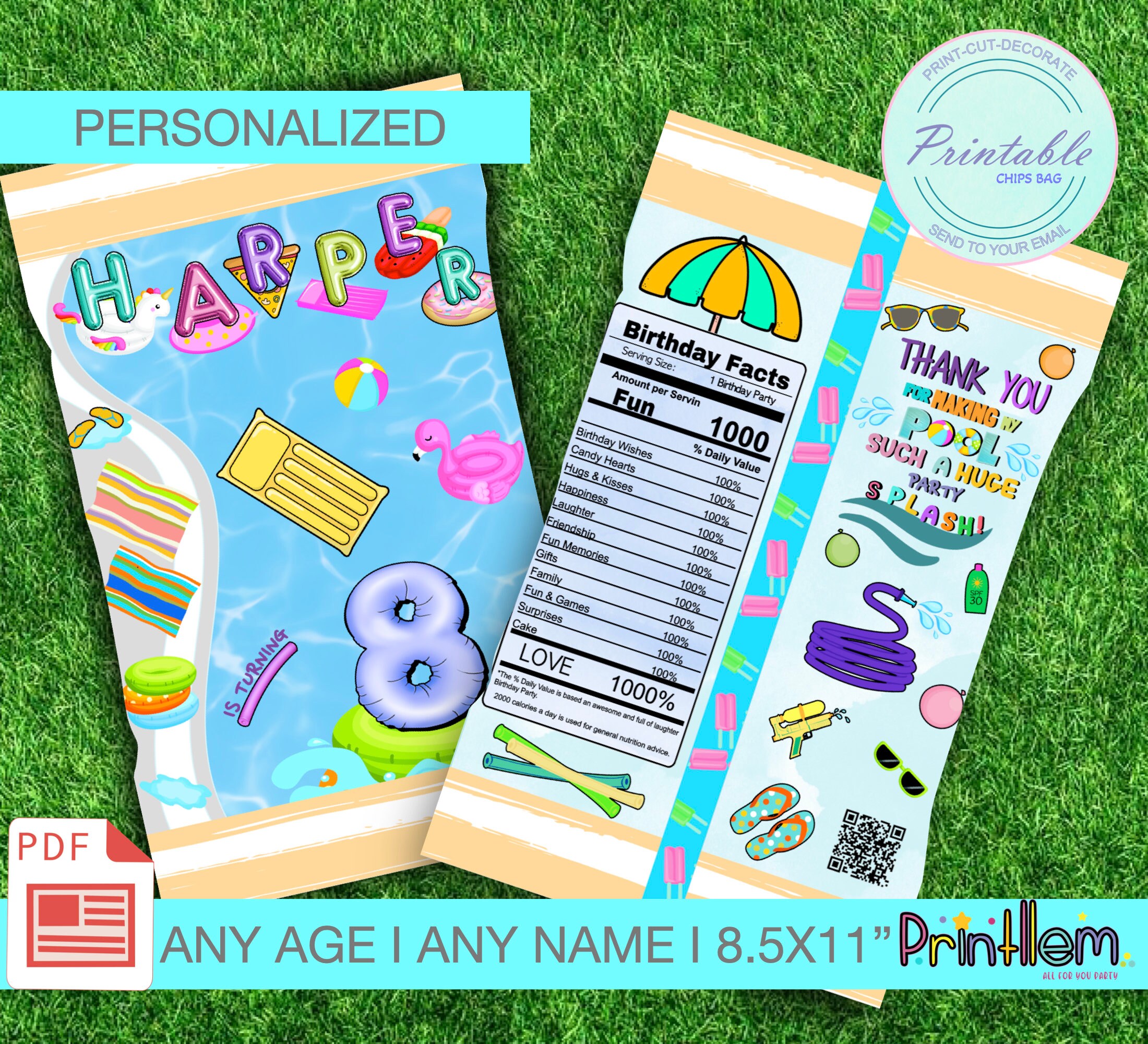 Pool Party Chips Bag Printable Birthday Party Favors Summer ...
