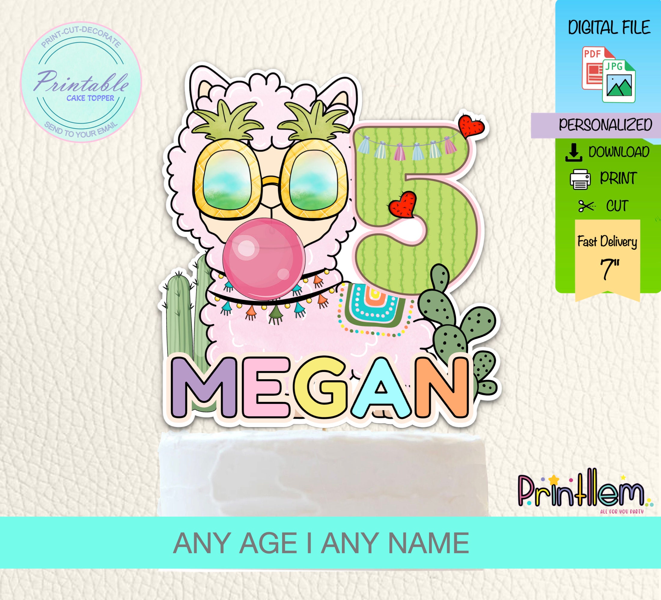 Llama Cake Topper Printable Alpaca Cake Decoration Personalized Llama ...