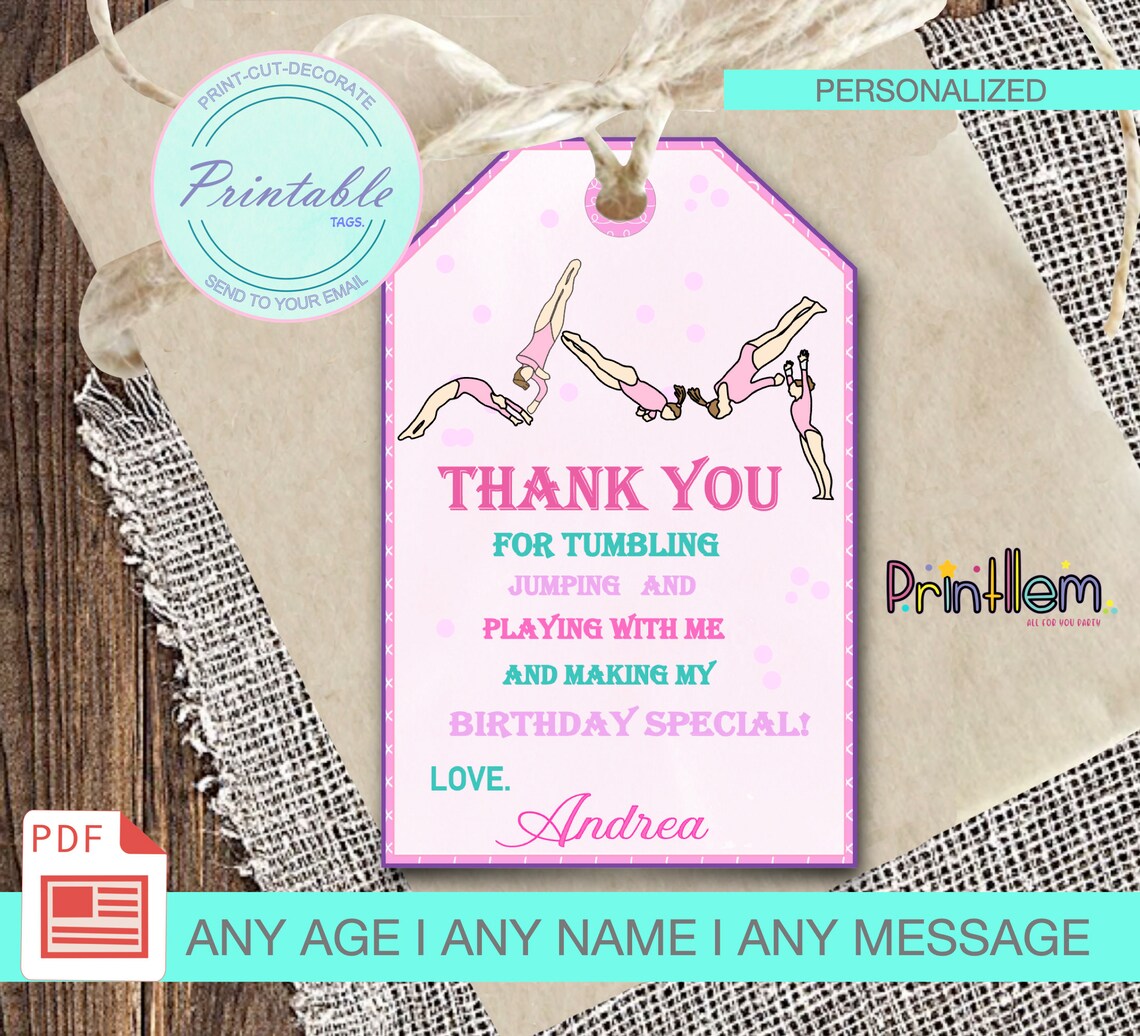 Gymnastics Thank You Tags, Girl Birthday Party Favor, Printable ...