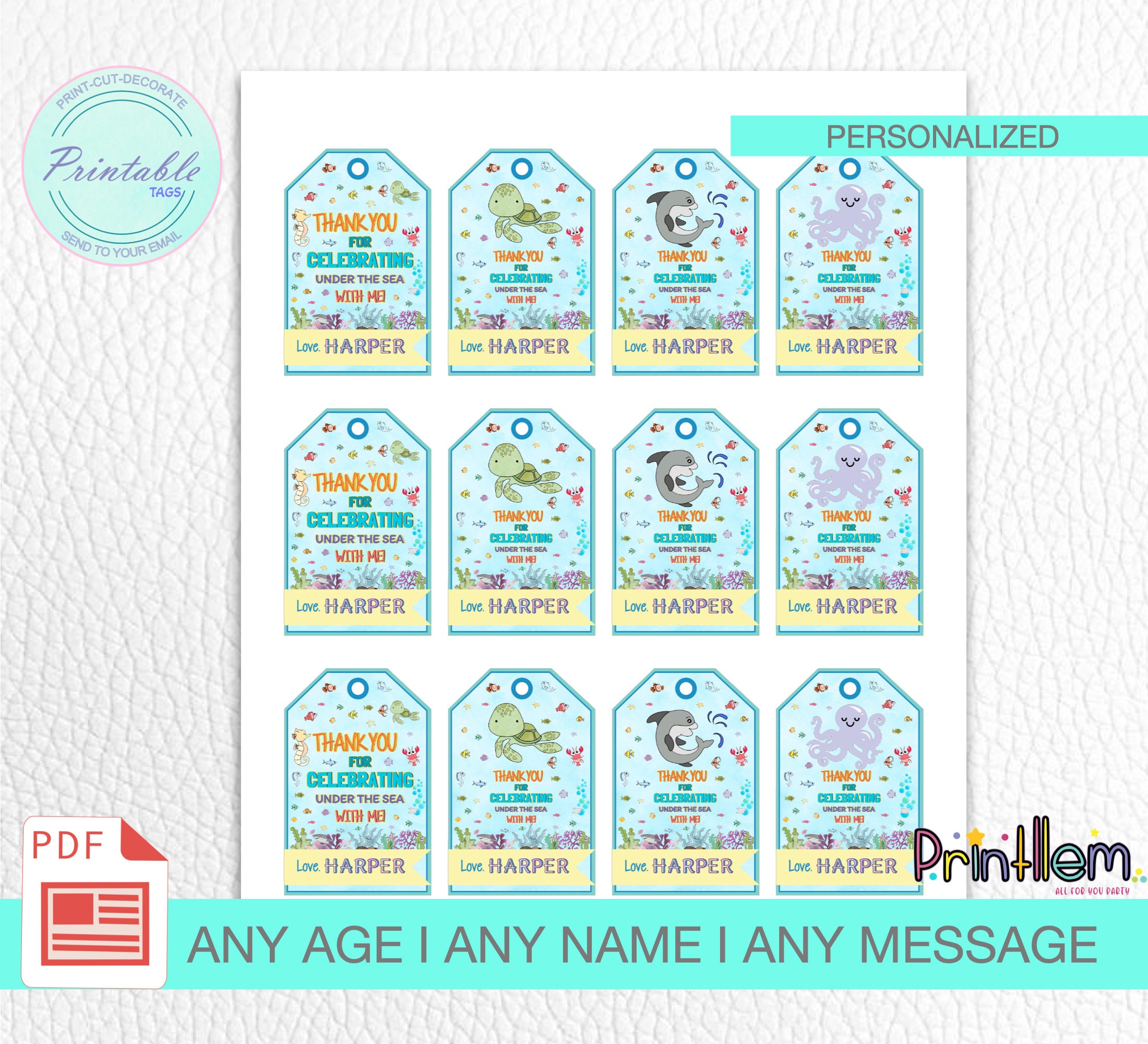 Sea Animals Thank You Tags, Printable Under the Sea Thank You Tags ...