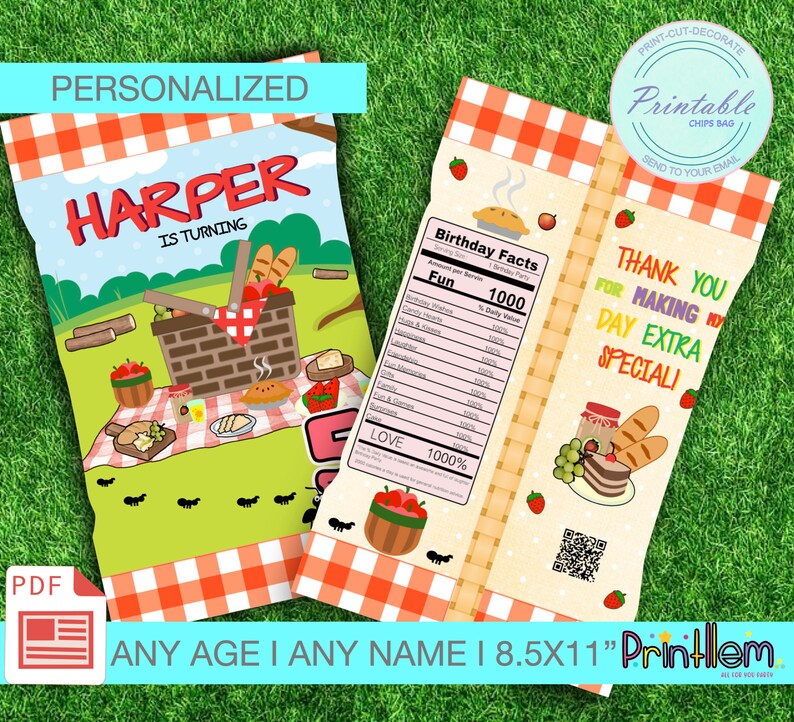 Picnic Chips Bag Printable Pic Nic Birthday Party Favor Bag ...