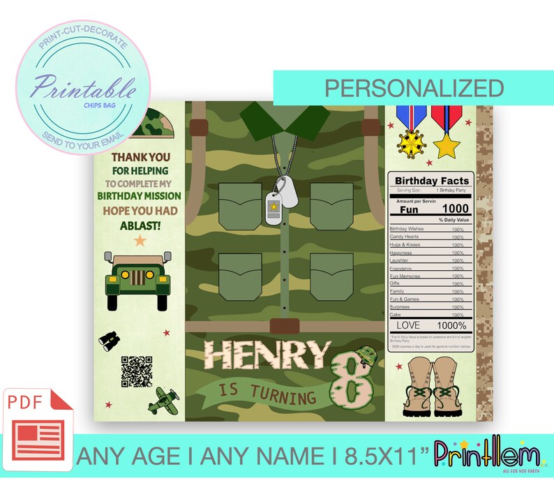 Military Chips Bag Printable Camouflage Favor Party Personalized ...