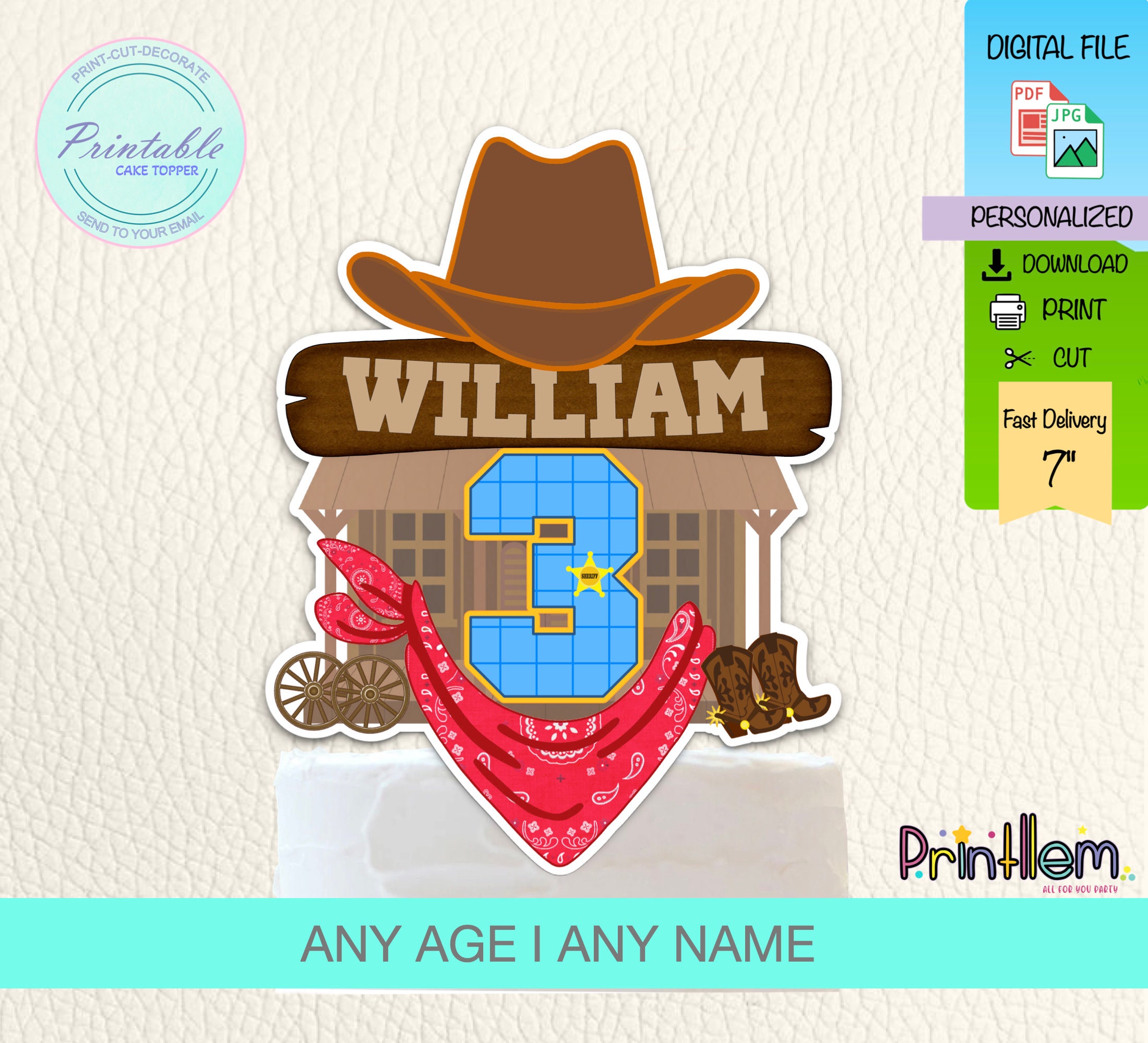 Cowboy Cake Topper Cowboy Theme Personalized Printable Cowboy Party ...