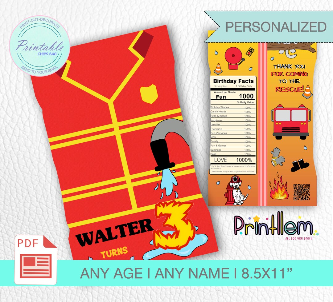 Fireman Birthday Chip Bag Printable Firefighter Birthday Chip Bag ...