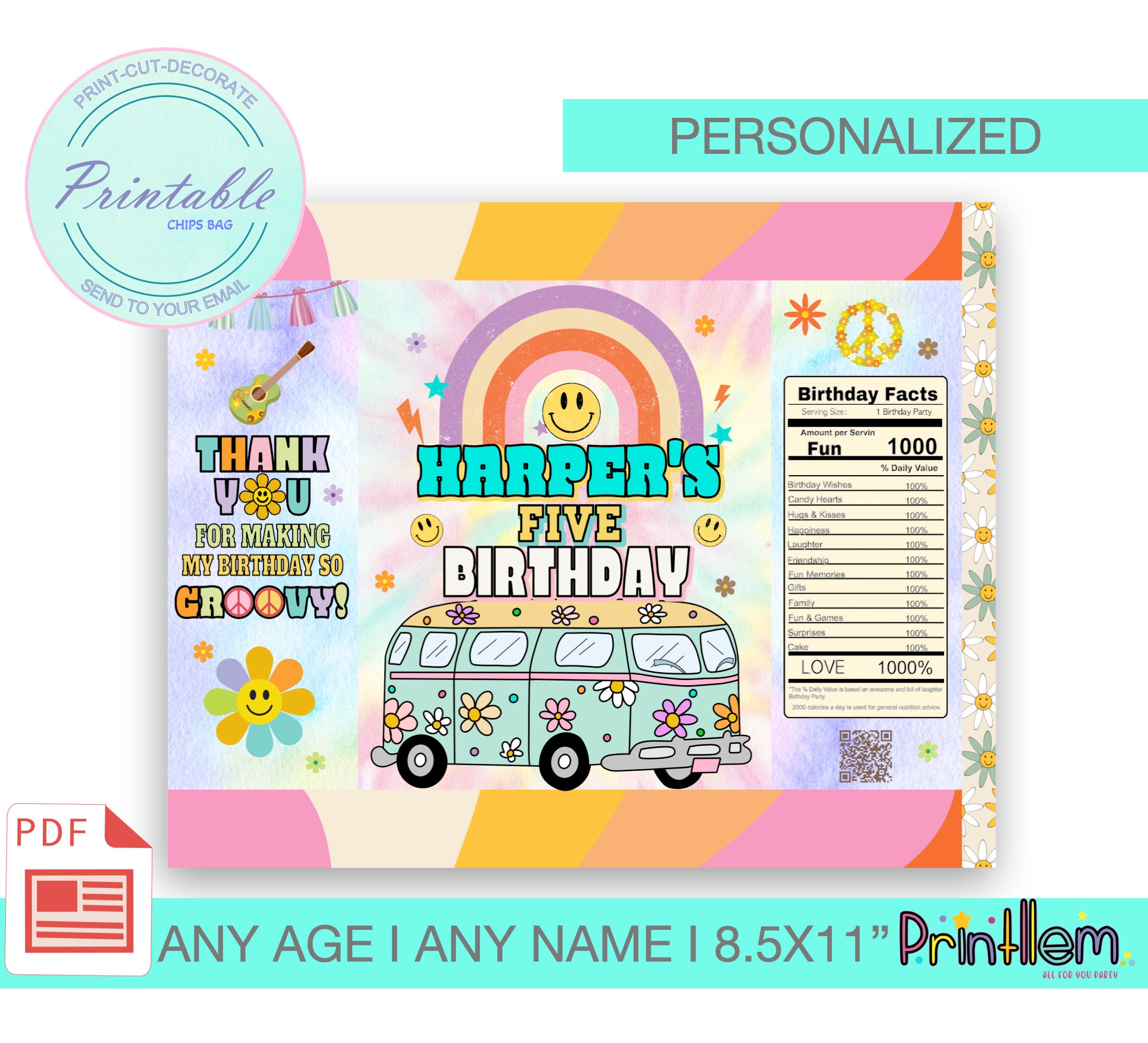 Personalized Groovy Birthday Chips Bag, 70s Hippie Theme, Vintage Party ...