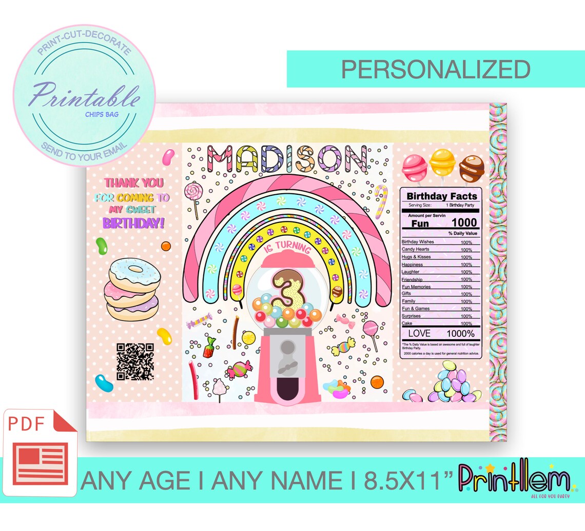 Personalized Candyland Chip Bag Wrapper, Birthday Party Favor, Carnival ...