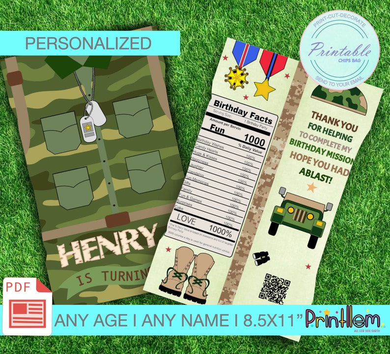 Military Chips Bag Printable Camouflage Favor Party Personalized ...
