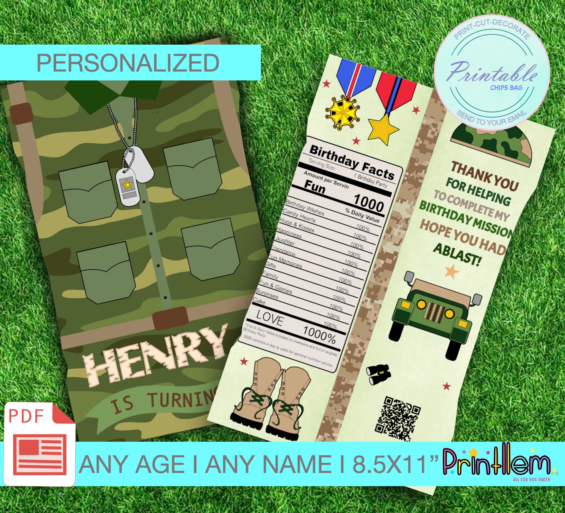 Military Chips Bag Printable Camouflage Favor Party Personalized ...