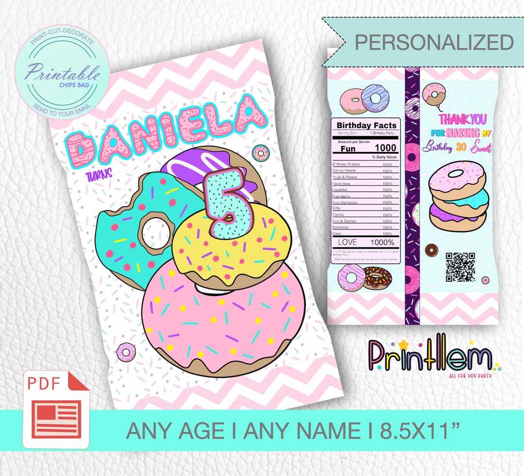 Donut Sweet Birthday Chip Bag Wrapper Personalized Party Favors Treat ...