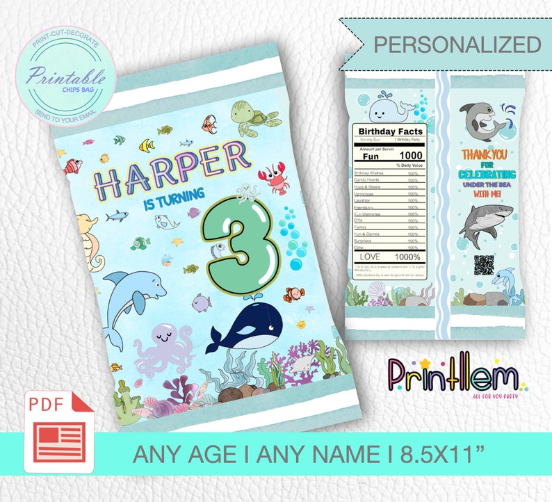 Under the Sea Printable Chip Bag, Printable Sea Animales Chips Bag ...