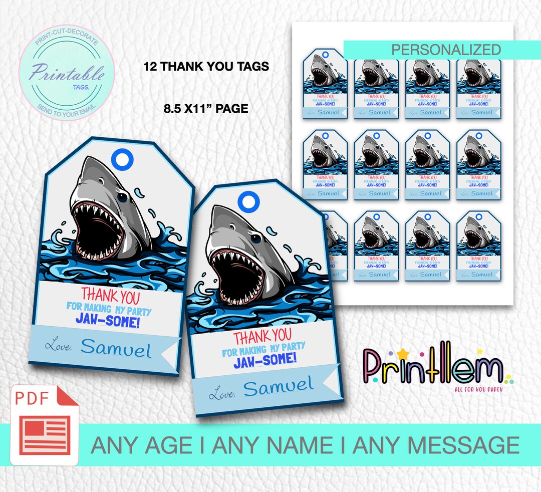 Shark Thank You Tag, Printable Shark Thank You Tag Card,shark Birthday ...