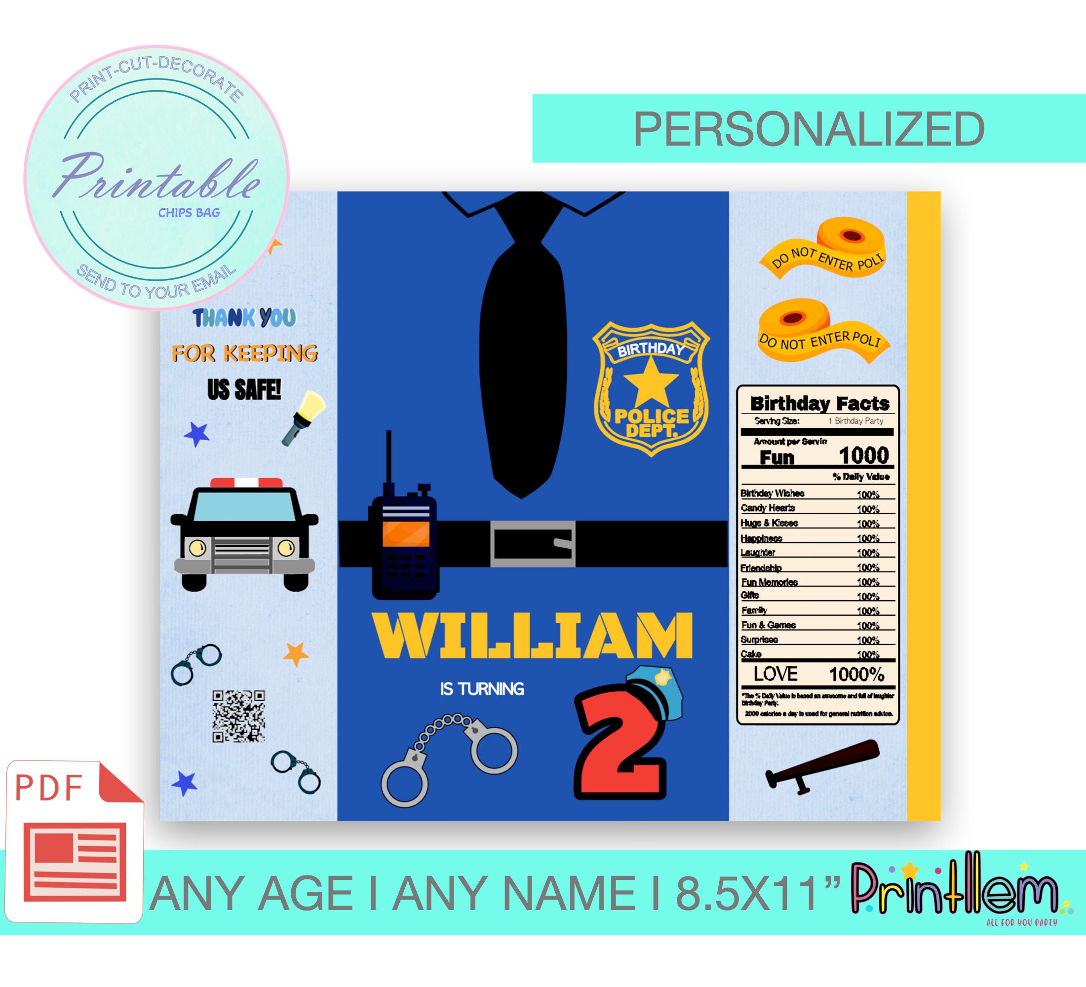 Police Chip Bag, Print Police Birthday Snack Bag Police Officer Chip ...