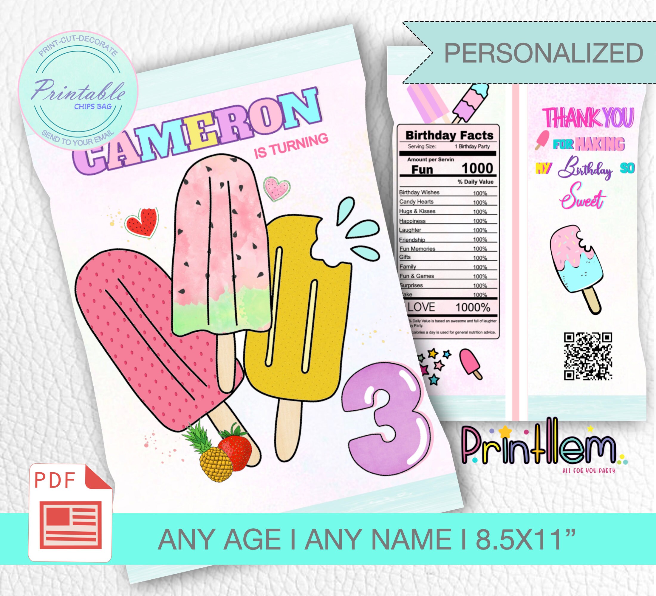 Popsicle Chips Bag, Printable Popsicle Birthday Party Favor Bag, Summer ...